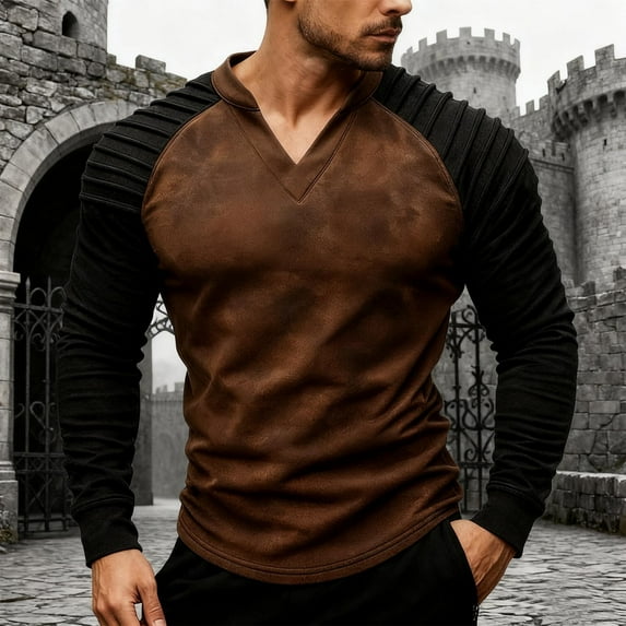 Elvqul Long Sleeve Shirts for Men Brown Mens Color Block Pullover Tops ...