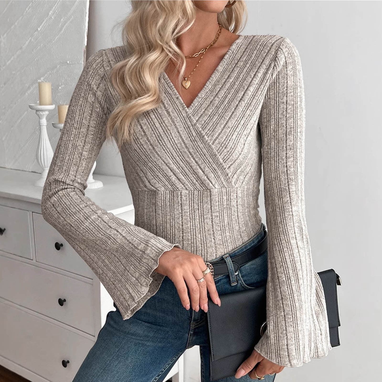 Elvqul Long Sleeve Sweaters Womens Plain Beige V-Neck Tops Comfortable ...