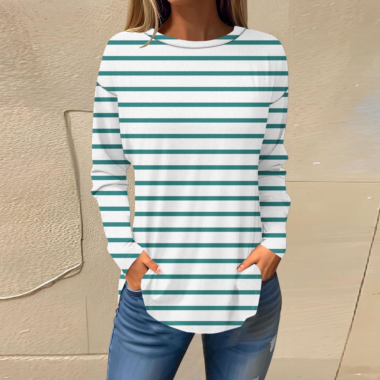 Elvqul Long Sleeve Womens Plus Tops Light Blue Women T Shirt Striped ...