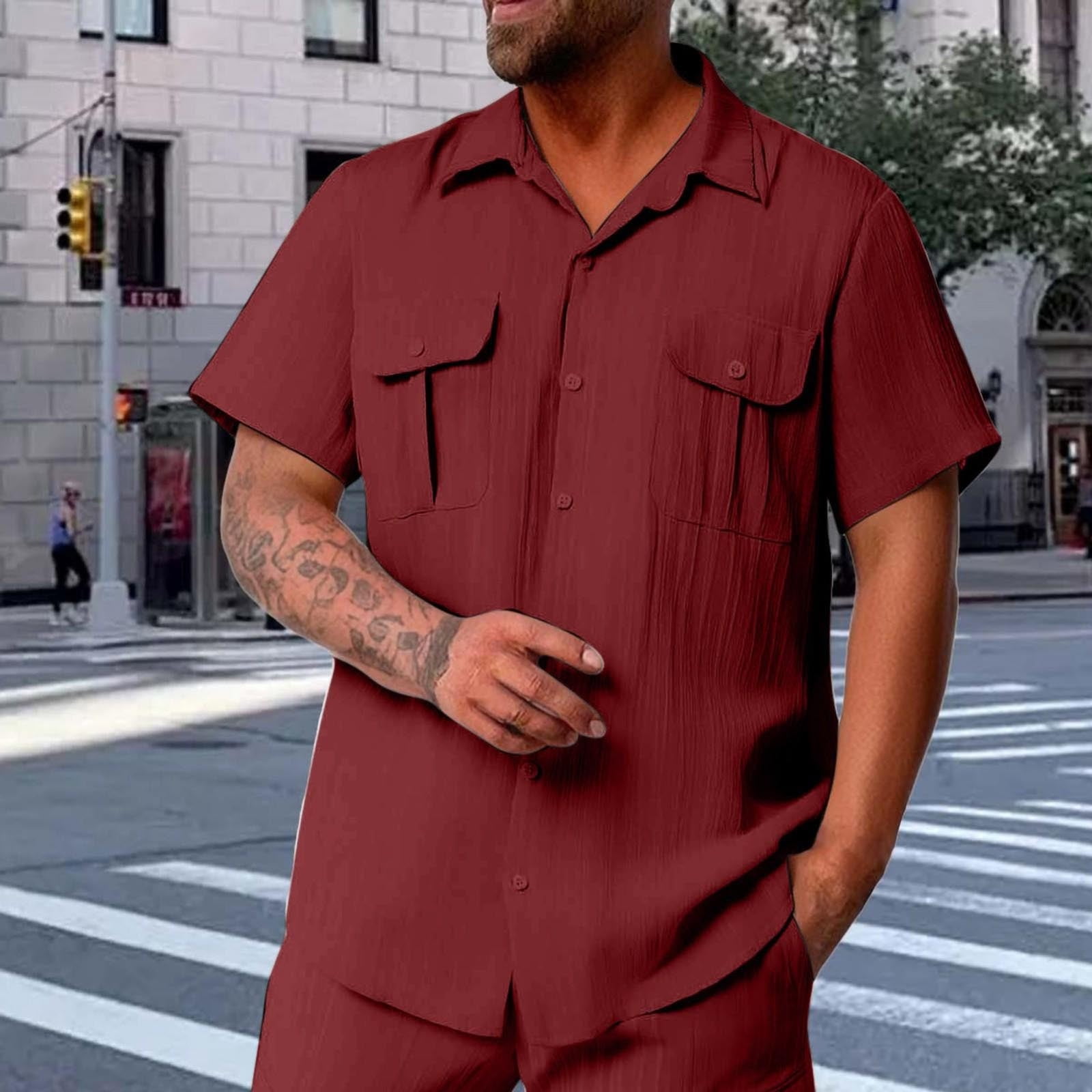 Elvqul Mens Athlete Shirts Short Sleeve Solid Button Pocket Collared ...