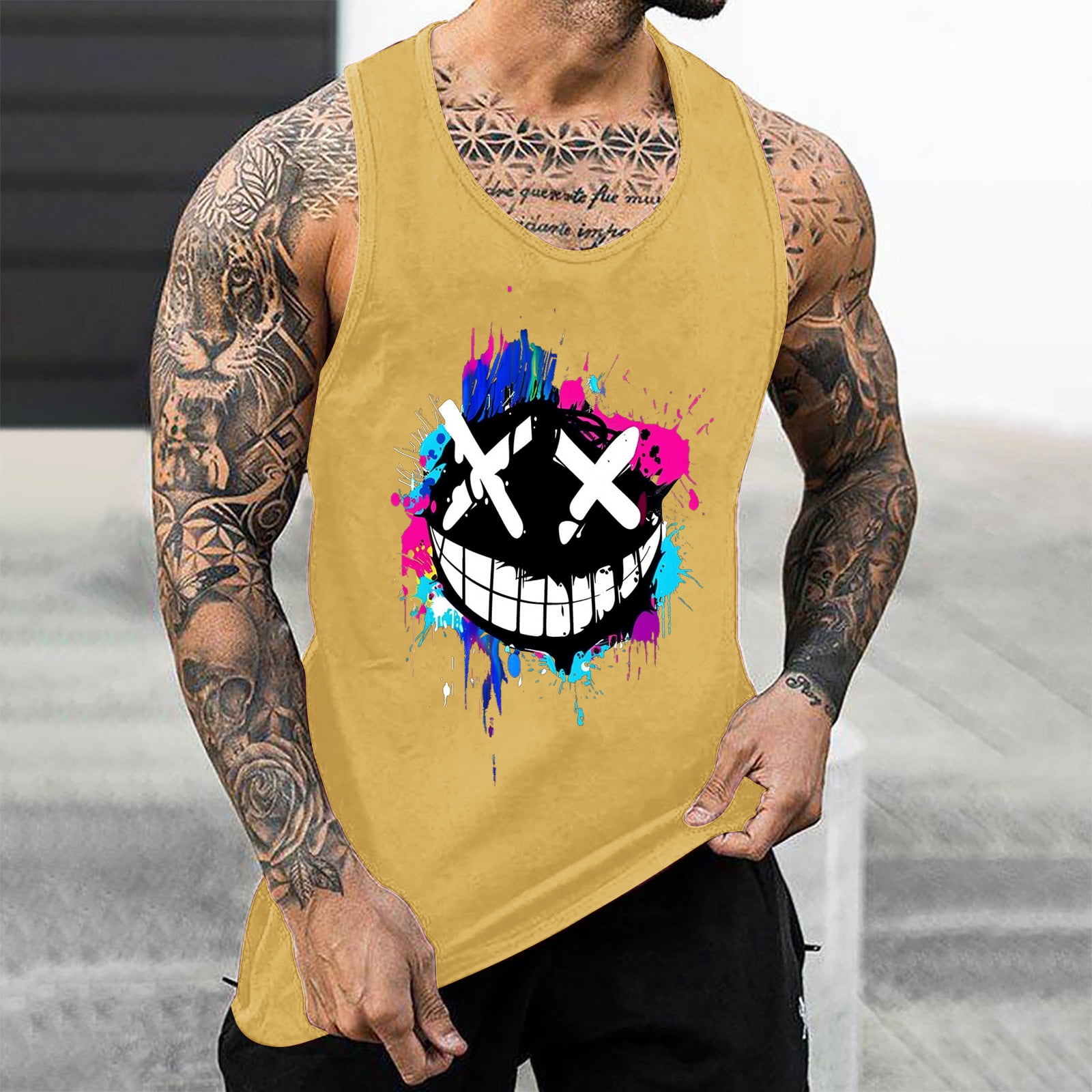 Elvqul Mens Big and Tall Tank Tops Workout Shirts Casual Stylish Round ...