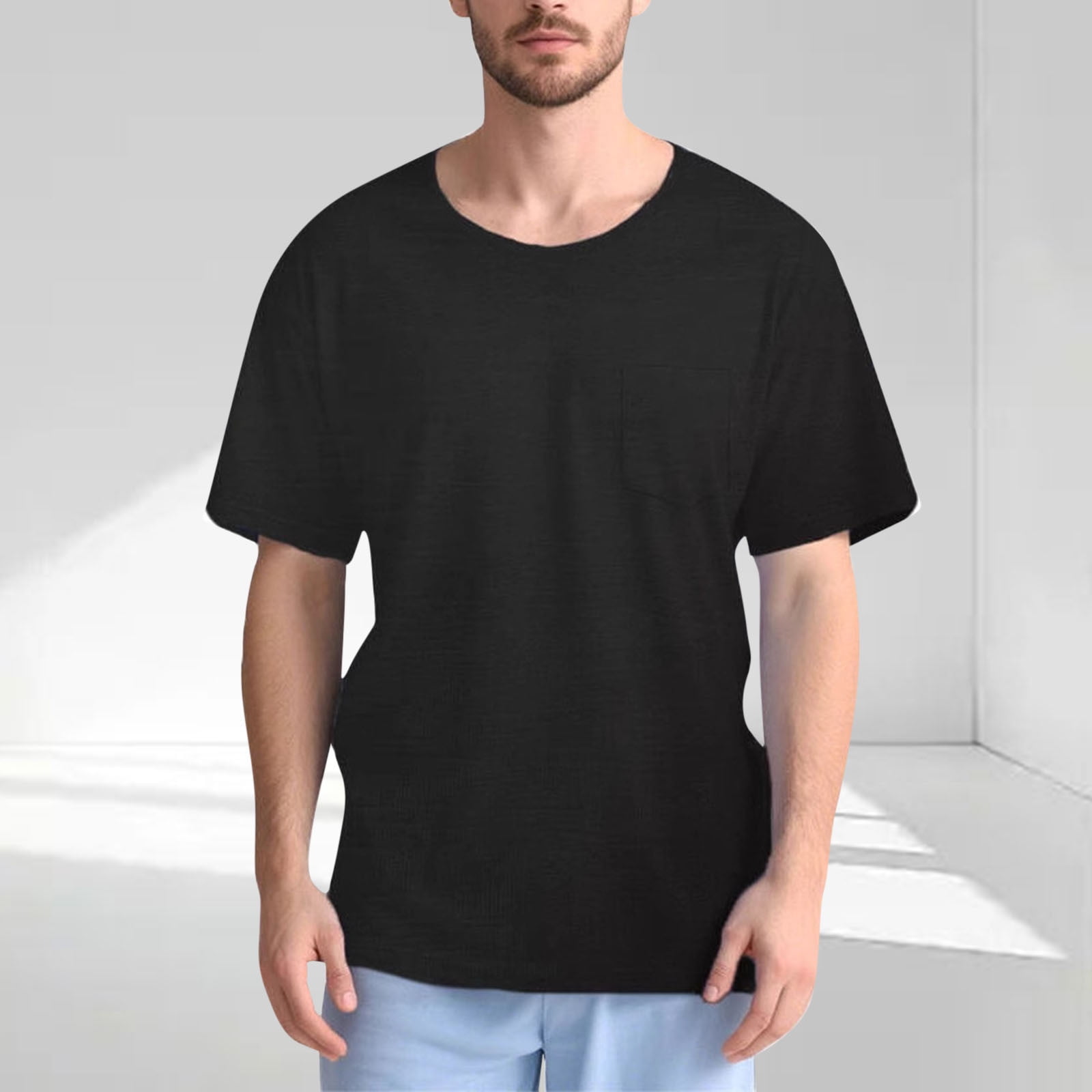 Elvqul Mens Breathable Shirts Short Sleeve Black Pullover Solid Travel ...