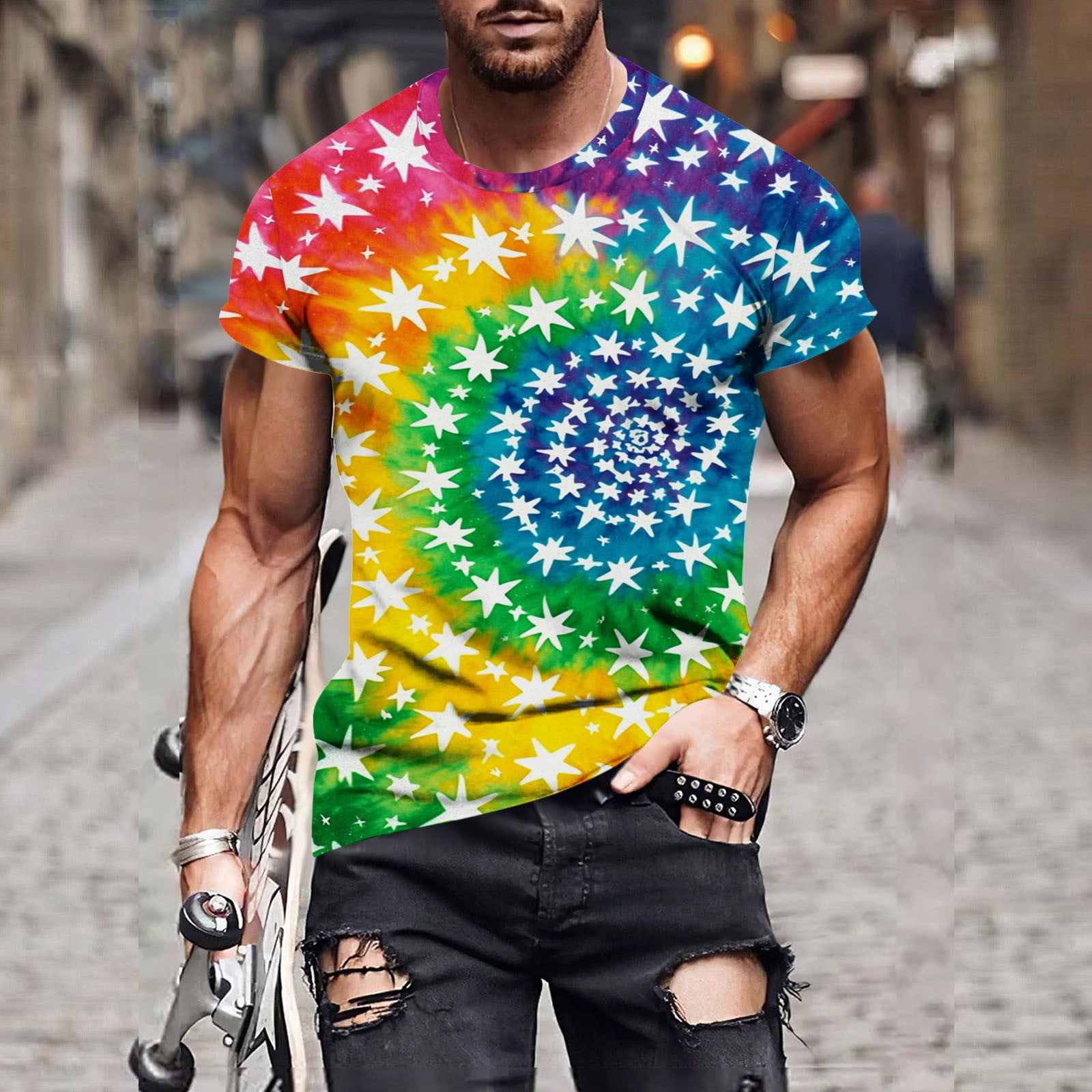 Elvqul Mens Breathable T-Shirts Fashion Pattern Pull on Multicolor ...