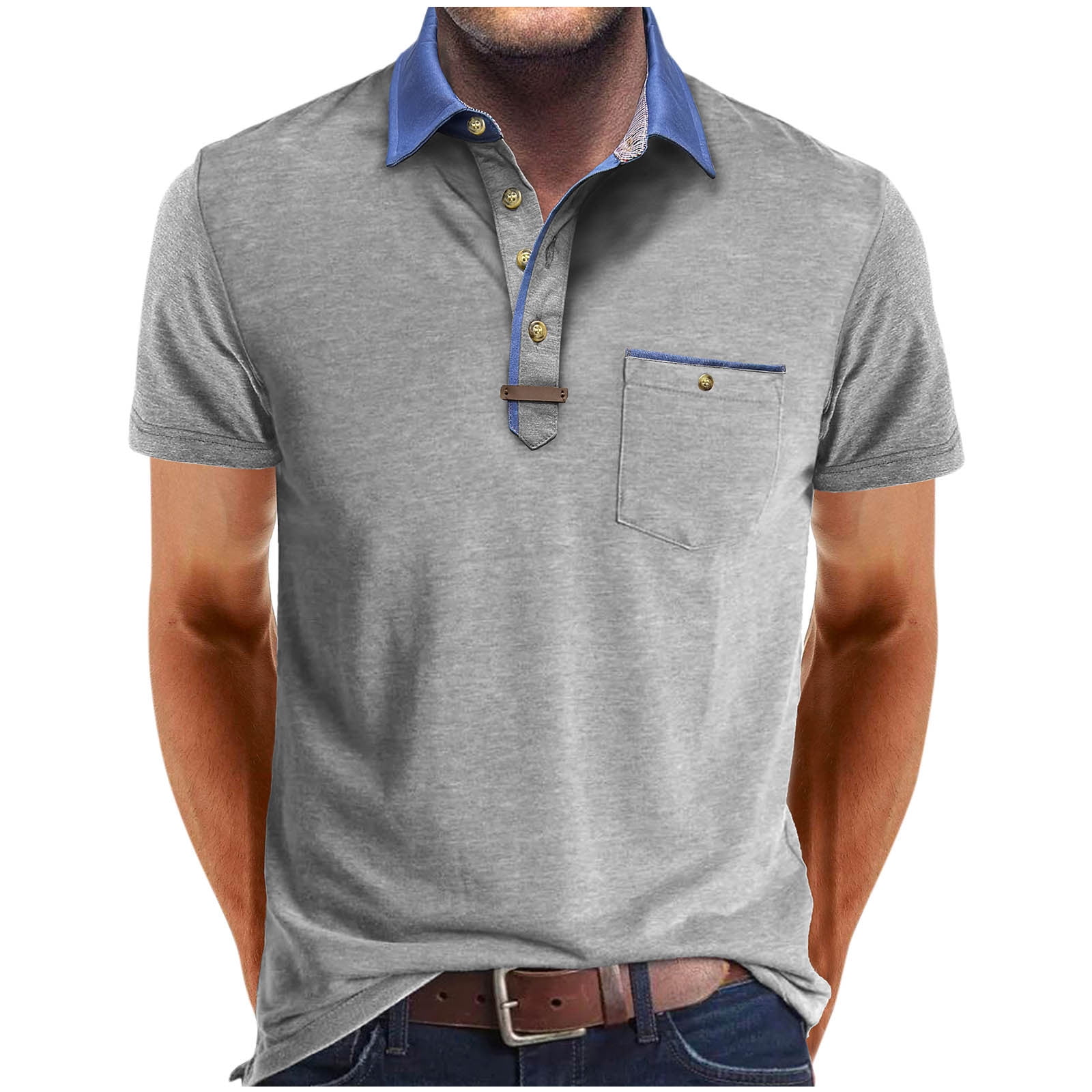 Vetsdori Mens Button up T-Shirts Short Sleeve Sports Pull-On Light Gray ...