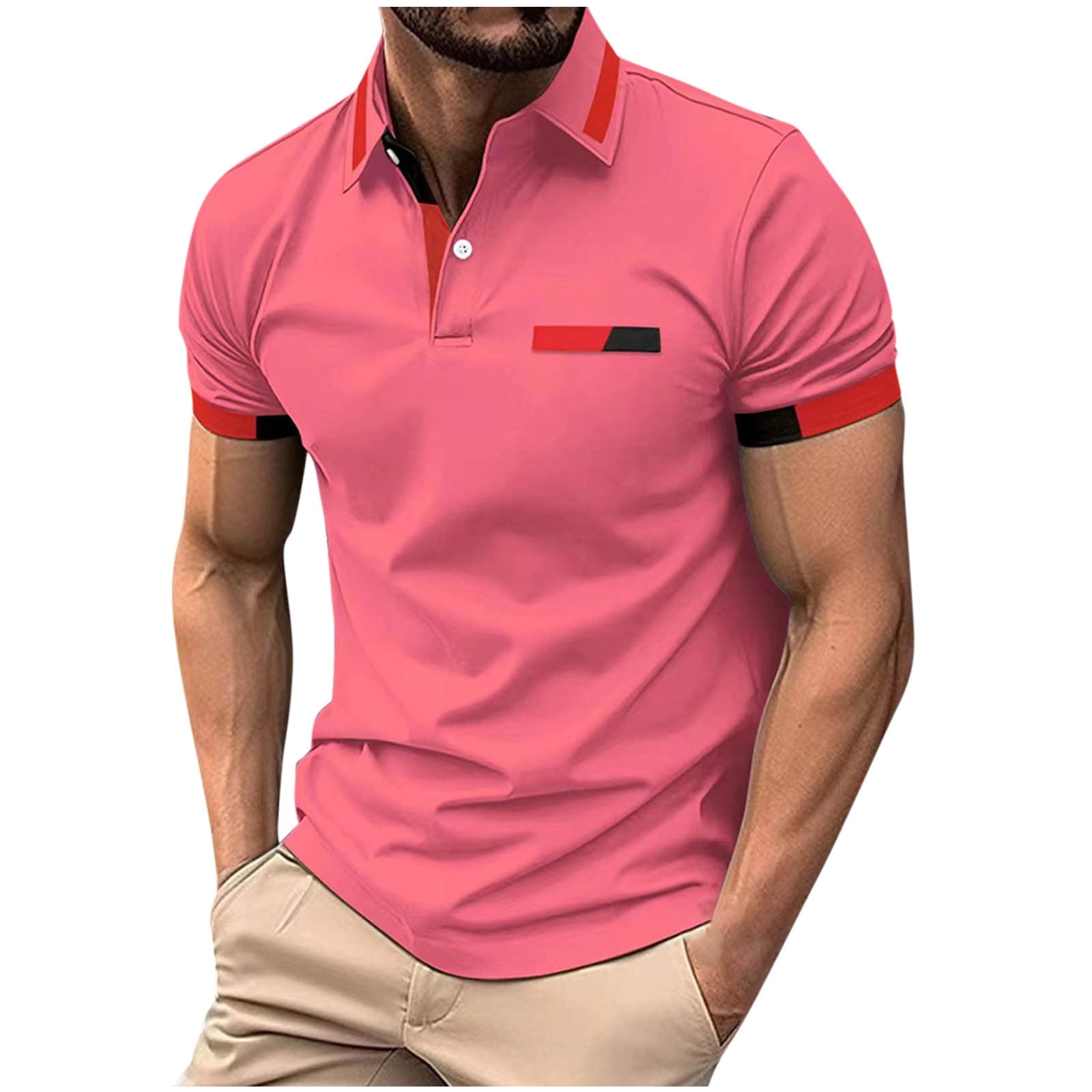 Elvqul Mens Collared T-Shirts Short Sleeve Patchwork Pull on Pink Polo ...