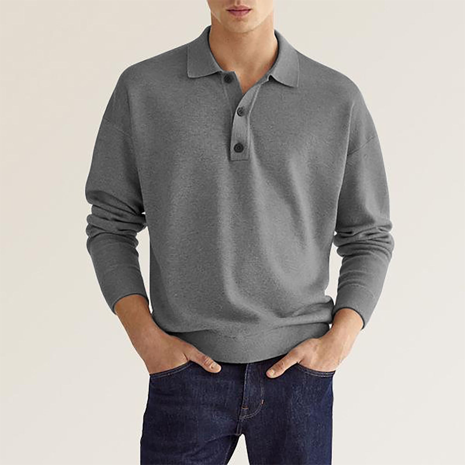 Elvqul Mens Cotton Polo Shirts Long Sleeve Under $5 Fall Gray Comfy ...