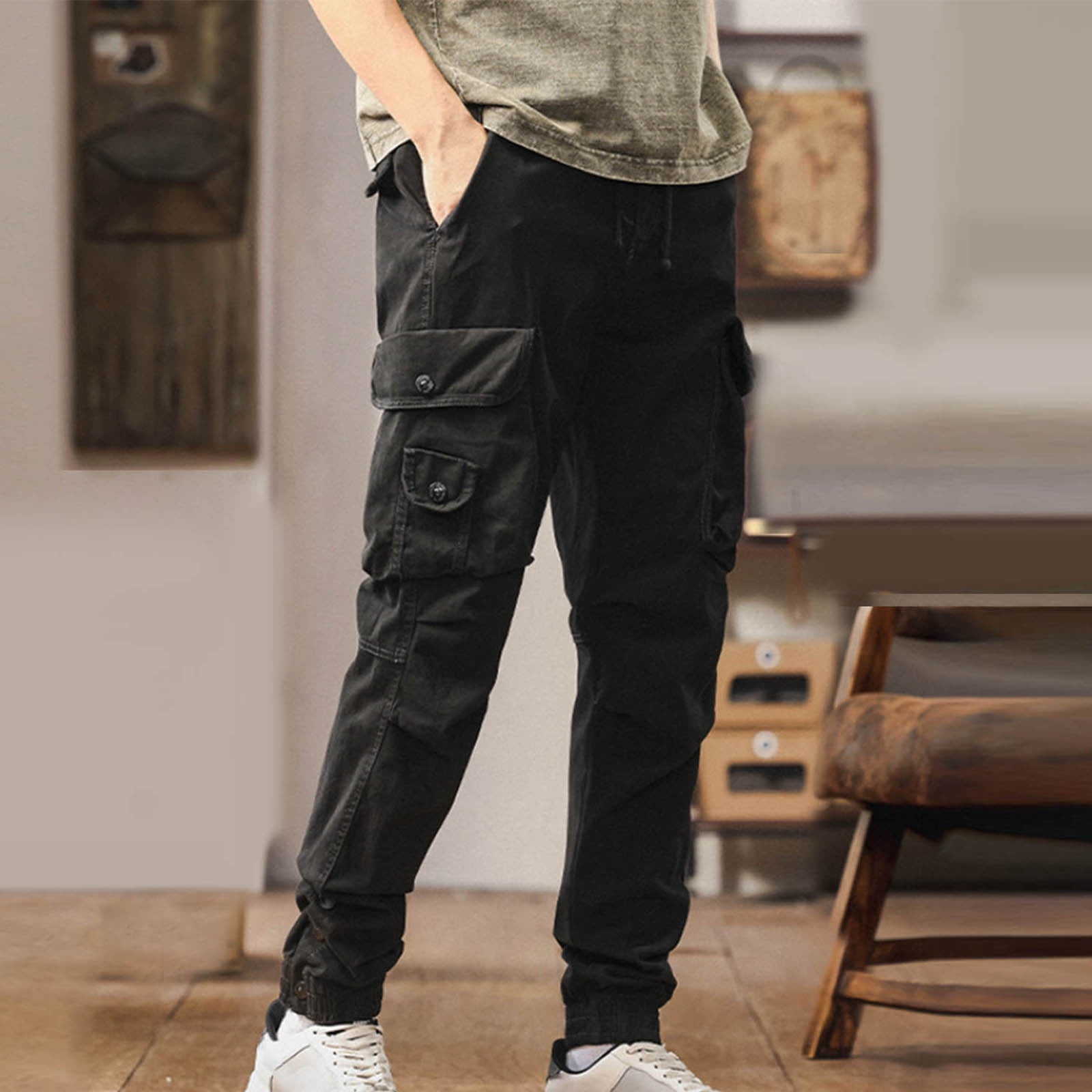Elvqul Mens Drawstring Cargo Pants Multi-Pocket Jogger Pullover Work ...