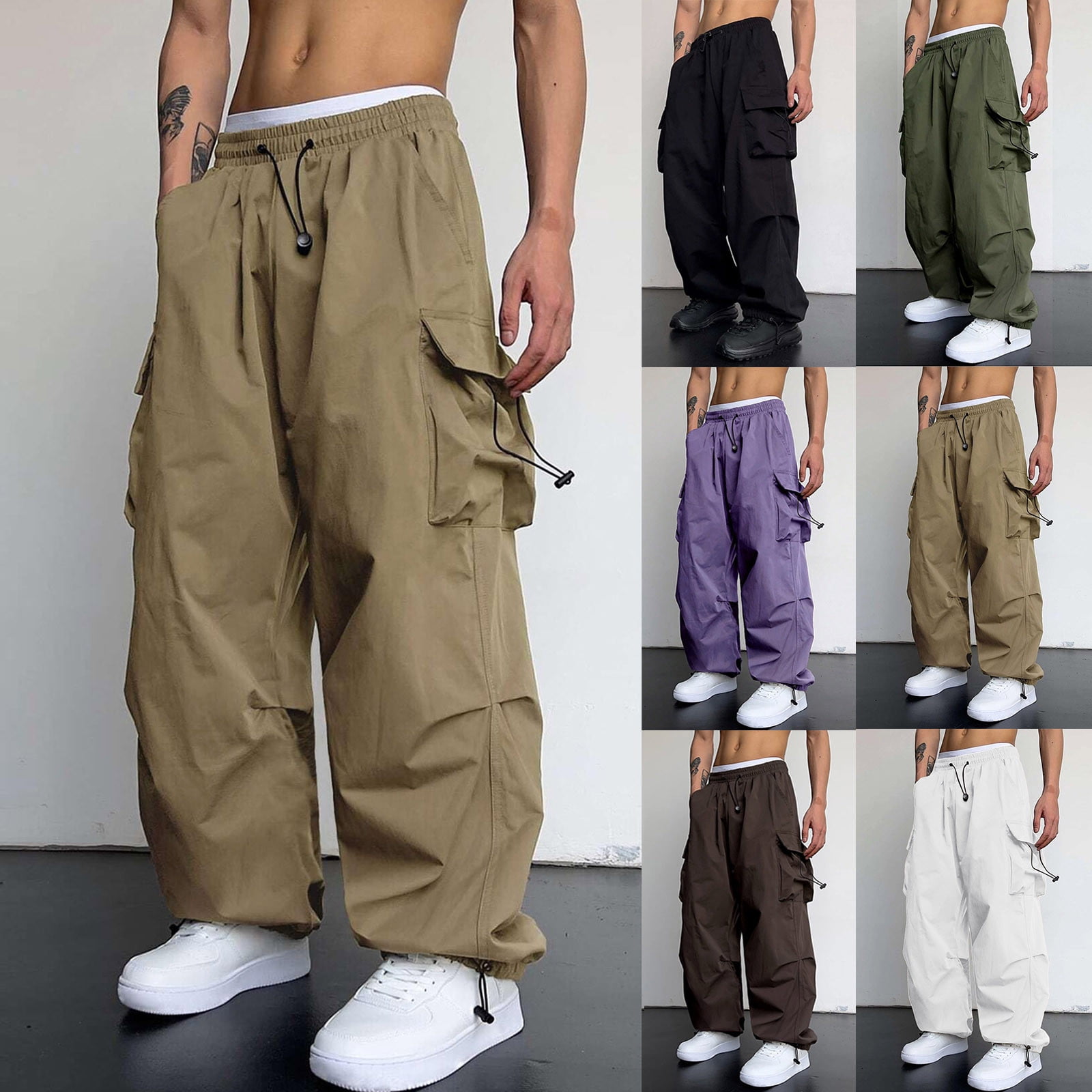 Elvqul Mens Elastic Waist Cargo Pants Multi-Pocket Loose Pullover Wide ...