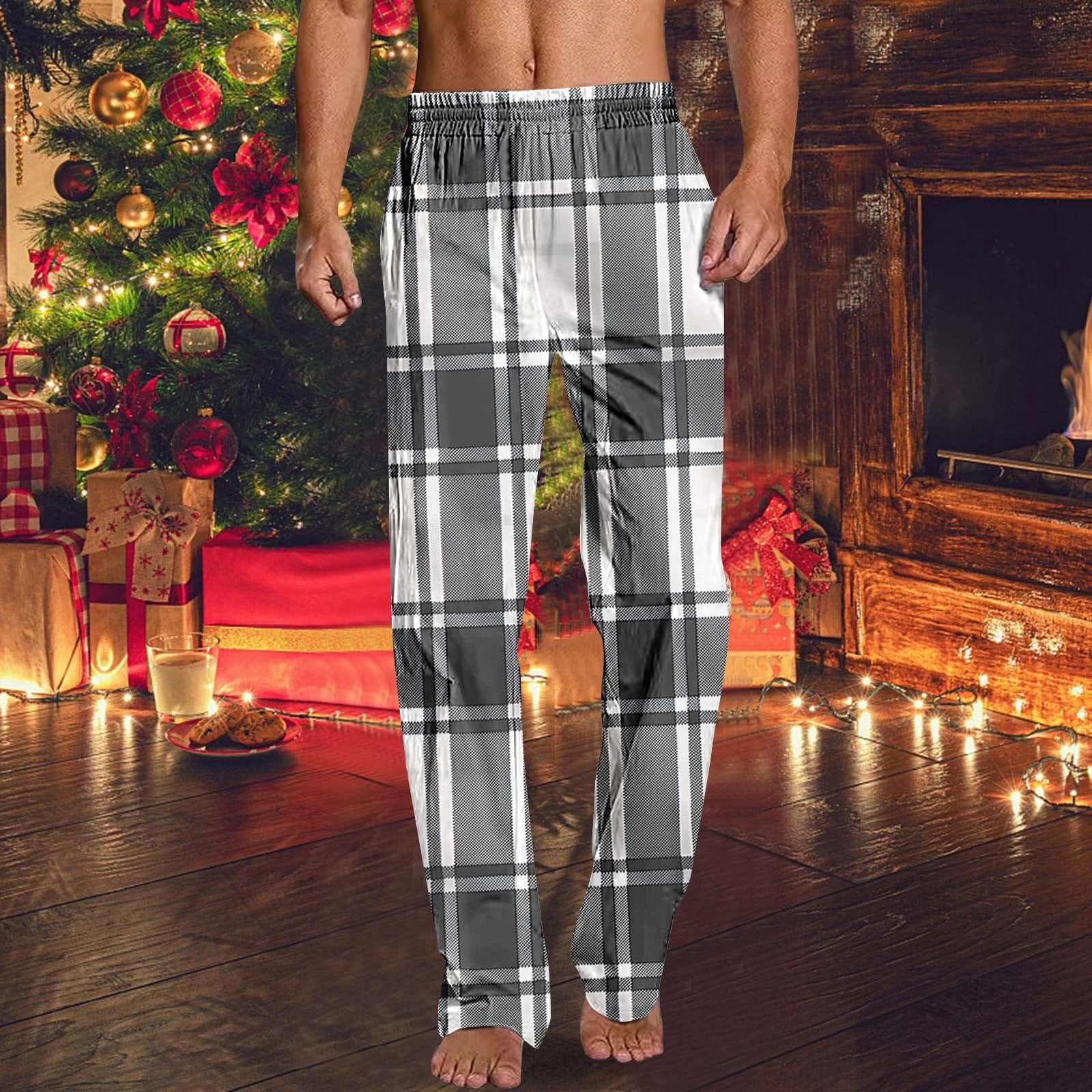 Elvqul Mens Gift Pants Home Gray Pullover Print Straight-Leg Classic ...