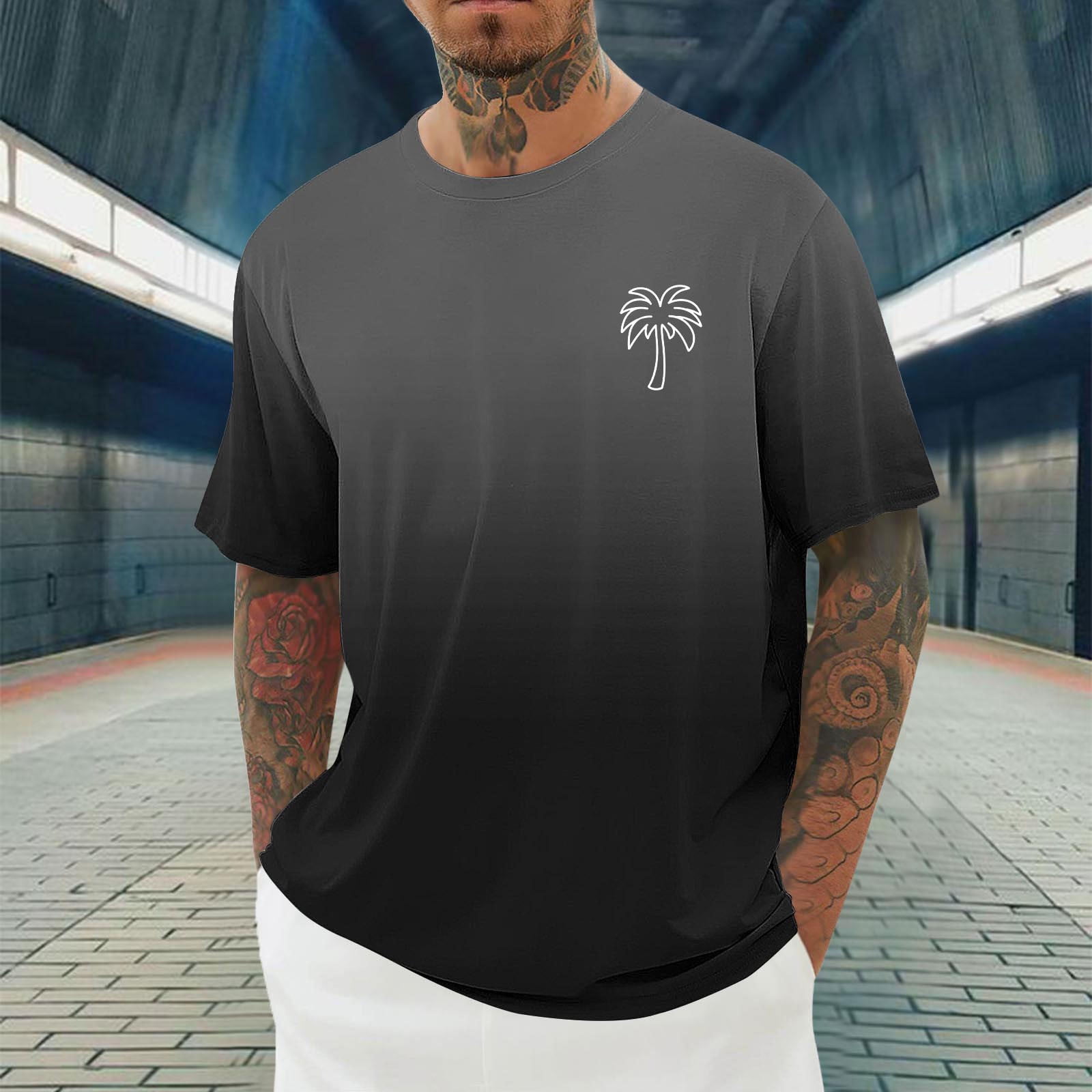 Elvqul Mens Graphics Shirts Outdoor Gradient Print Pull-On Gray Sports ...