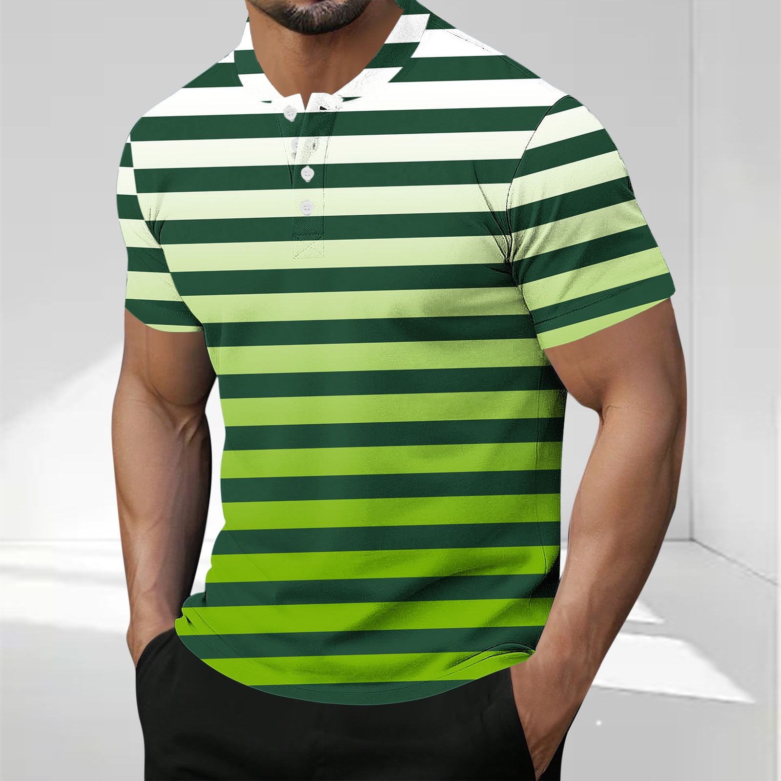 Elvqul Mens Green Shirts Gradient Print Casual Pull on Slim Fit Short ...