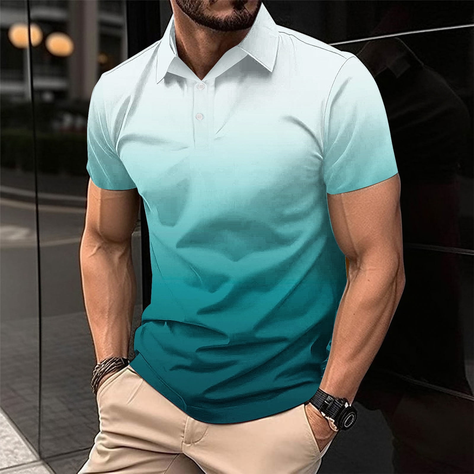 Elvqul Mens Mint Green T-Shirts Collared Short Sleeve Pull-On V-Neck Button up Fashion Summer ...