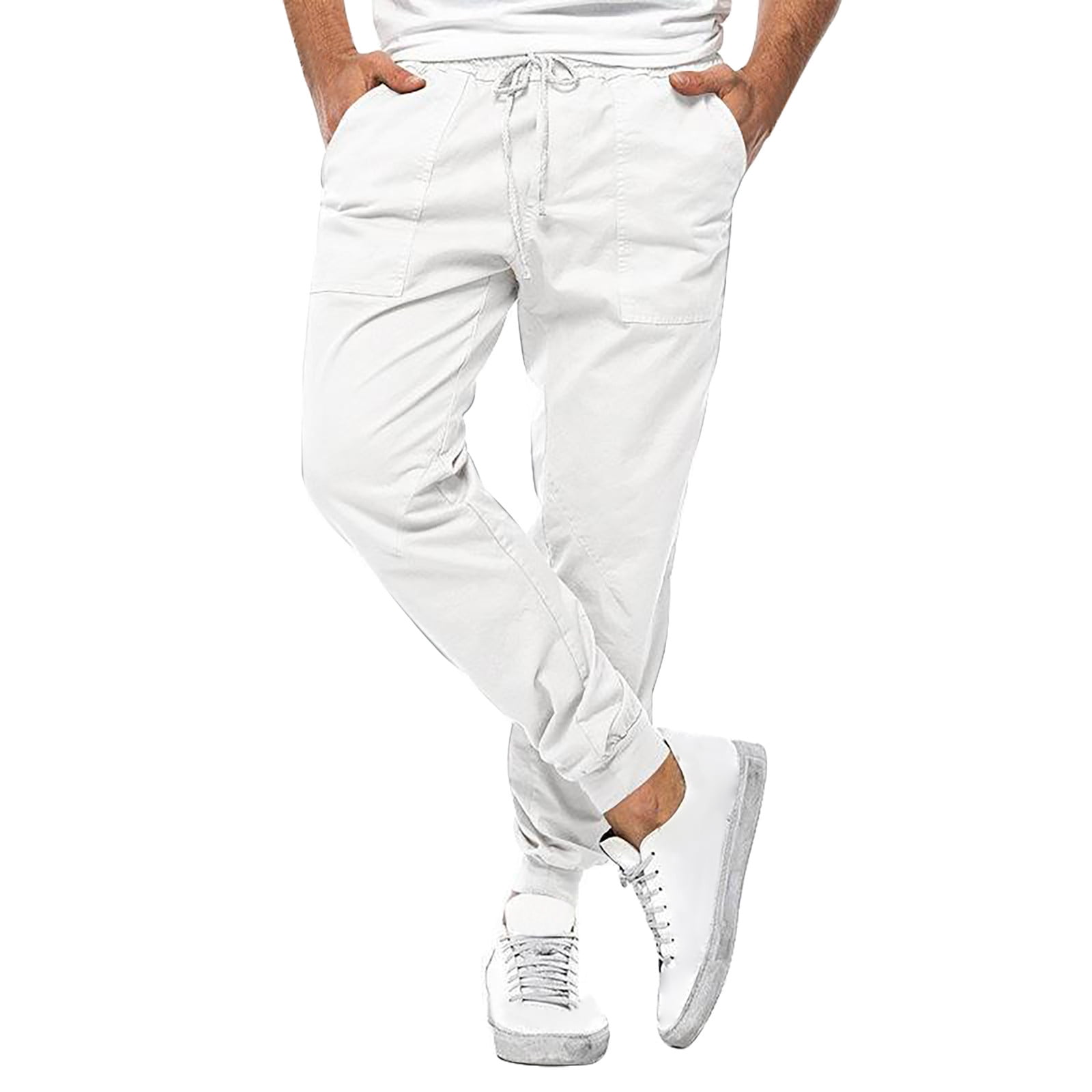 Elvqul Mens Pants Cargo Casual White Elastic Waist Drawstring Pants for ...