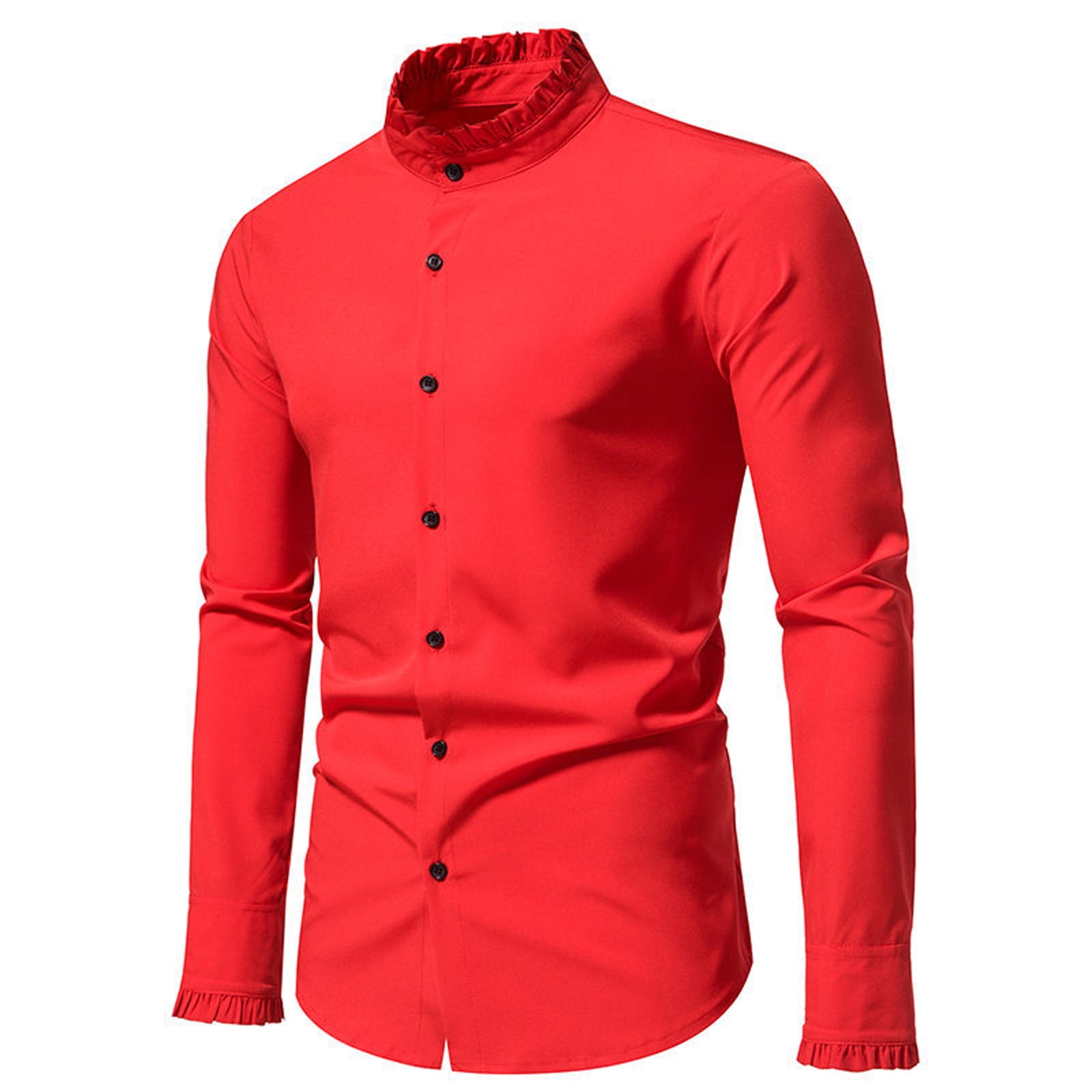 Elvqul Mens Shirts Clearance Long Sleeve Mens Tops Solid Button up Red ...