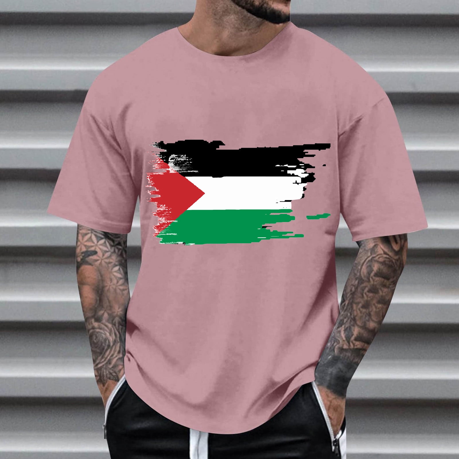 Elvqul Mens Short Sleeve T-Shirts Print Pink Pull on Summer Crew Neck ...