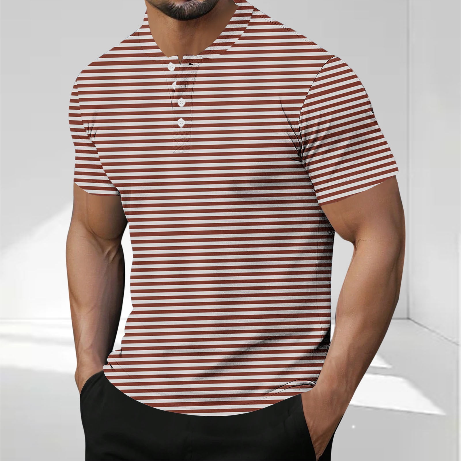 Elvqul Mens Striped Shirts Brown Button up Pull on Short Sleeve Outdoor ...