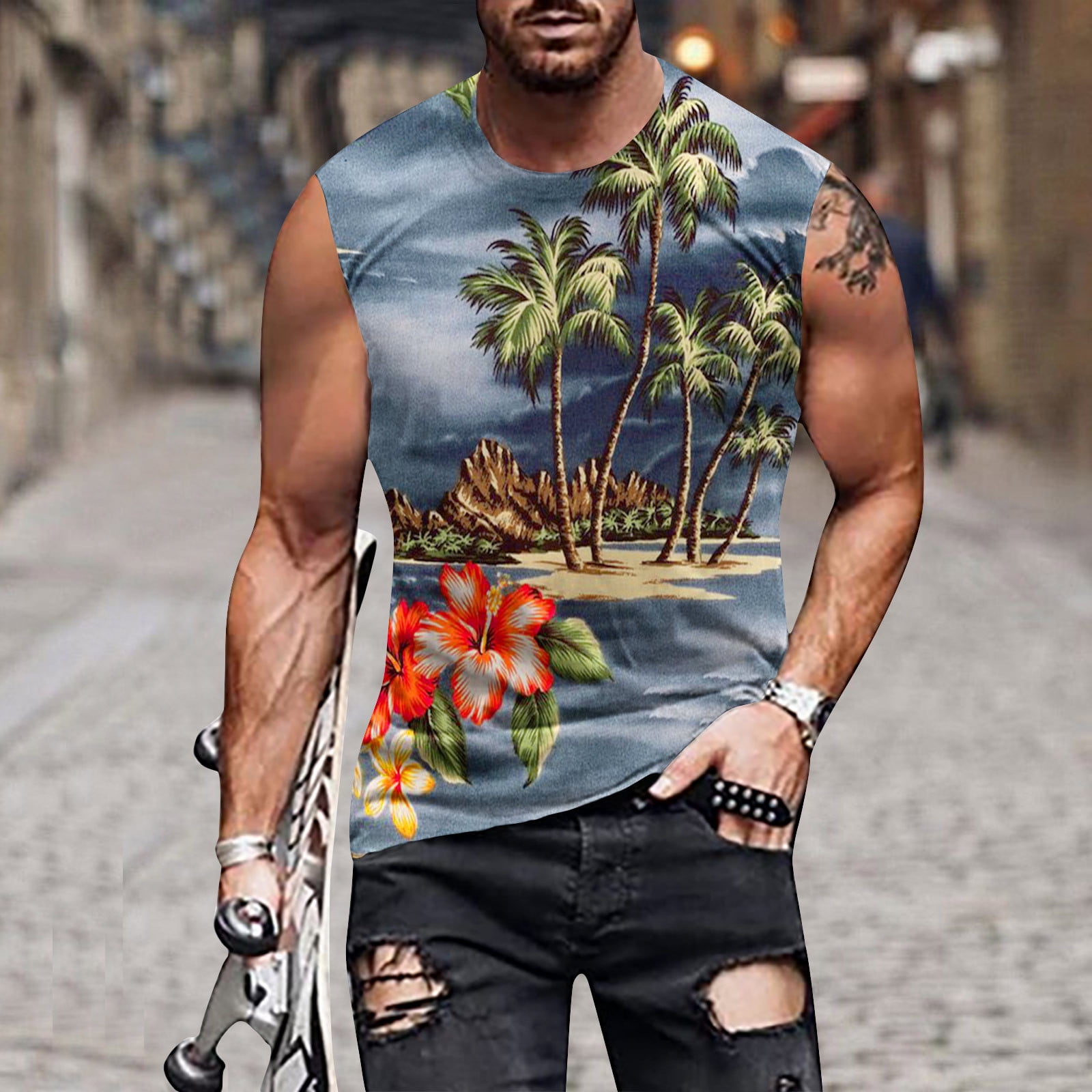 Elvqul Mens Tank Tops Hawaiian Navy Beach Shirts Cotton Sleeveless ...