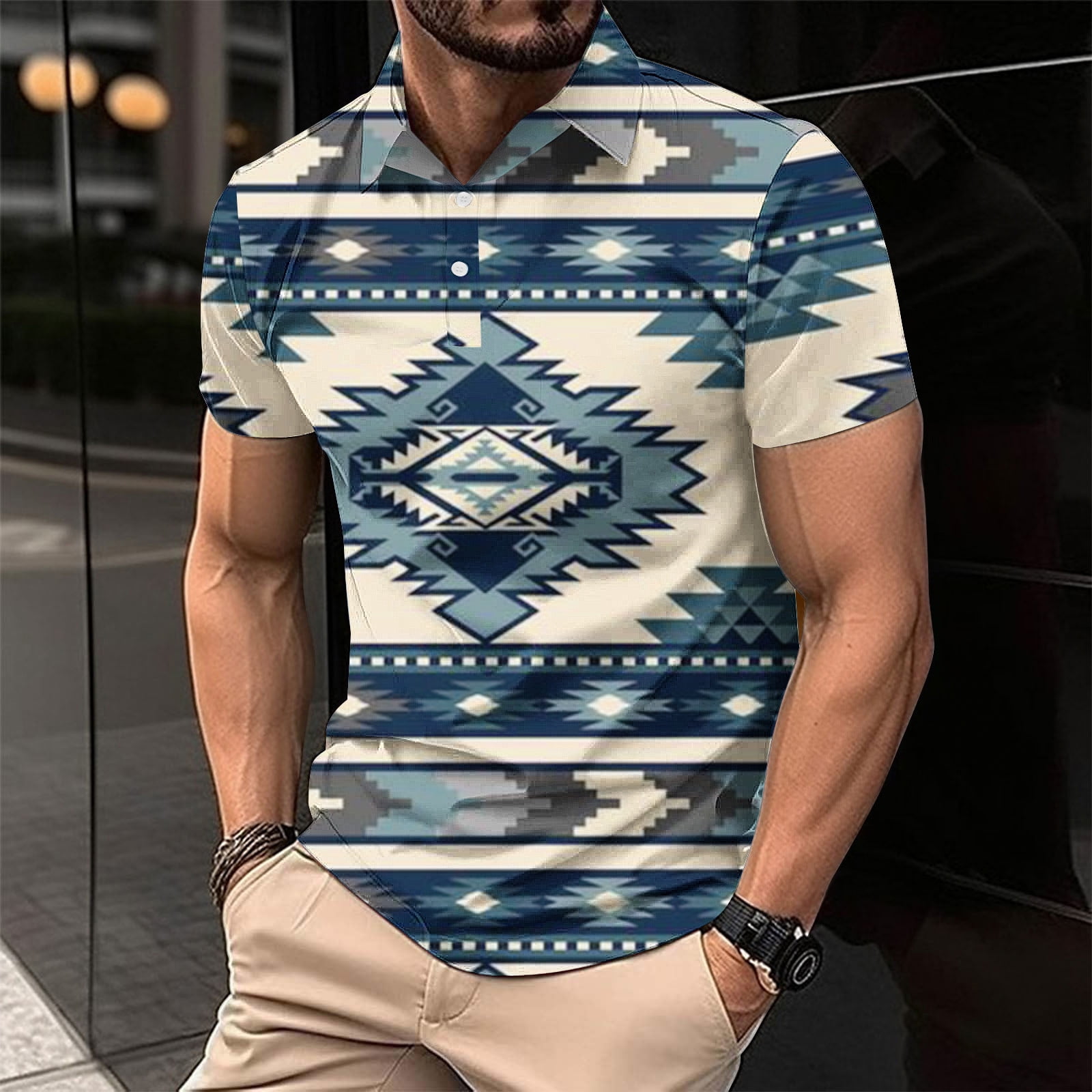 Elvqul Navy Shirts for Men Collared Pull-On Outdoor Pattern Vintage ...