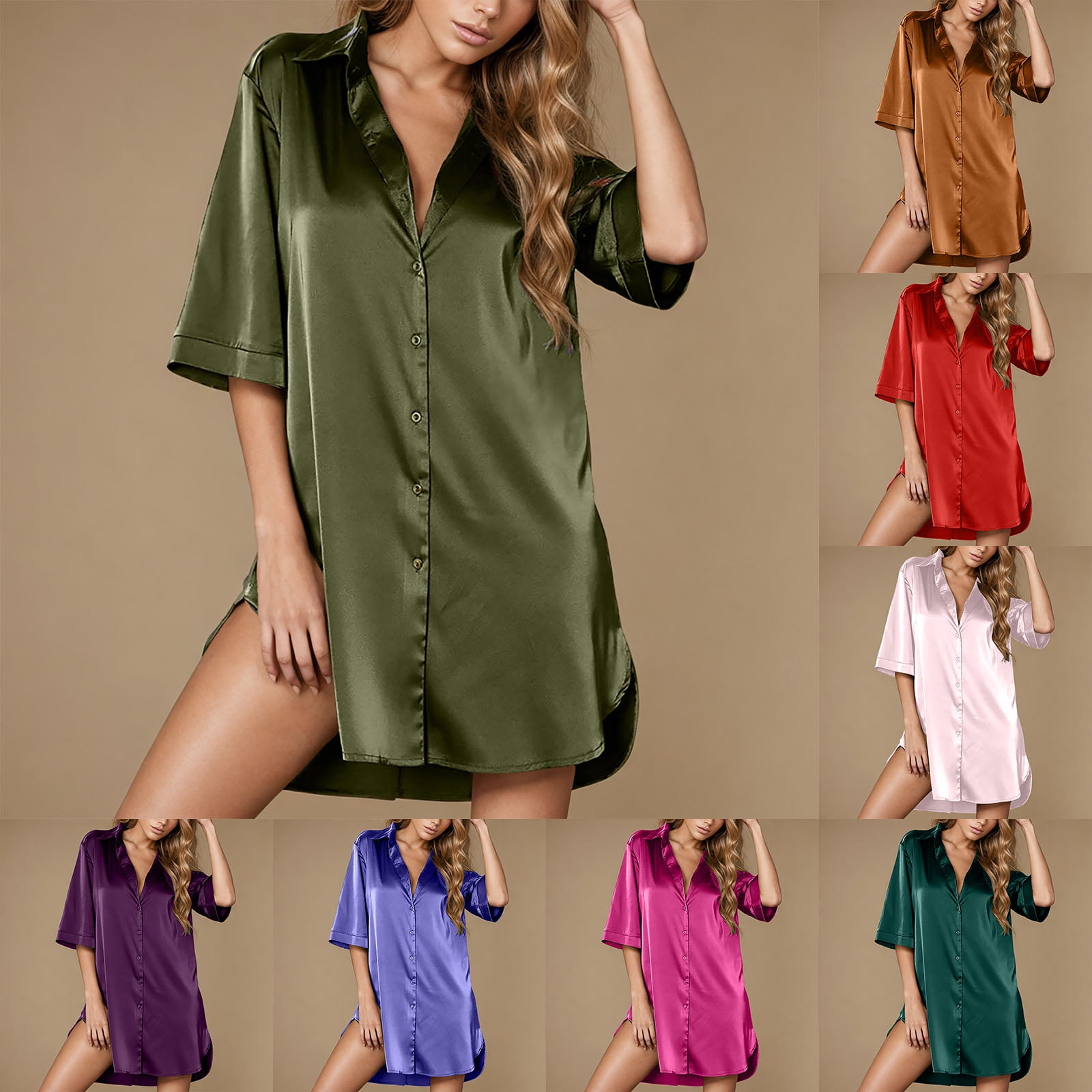 Elvqul Nightgowns for Women Plus Size Comfy Casual Silk Army Green ...