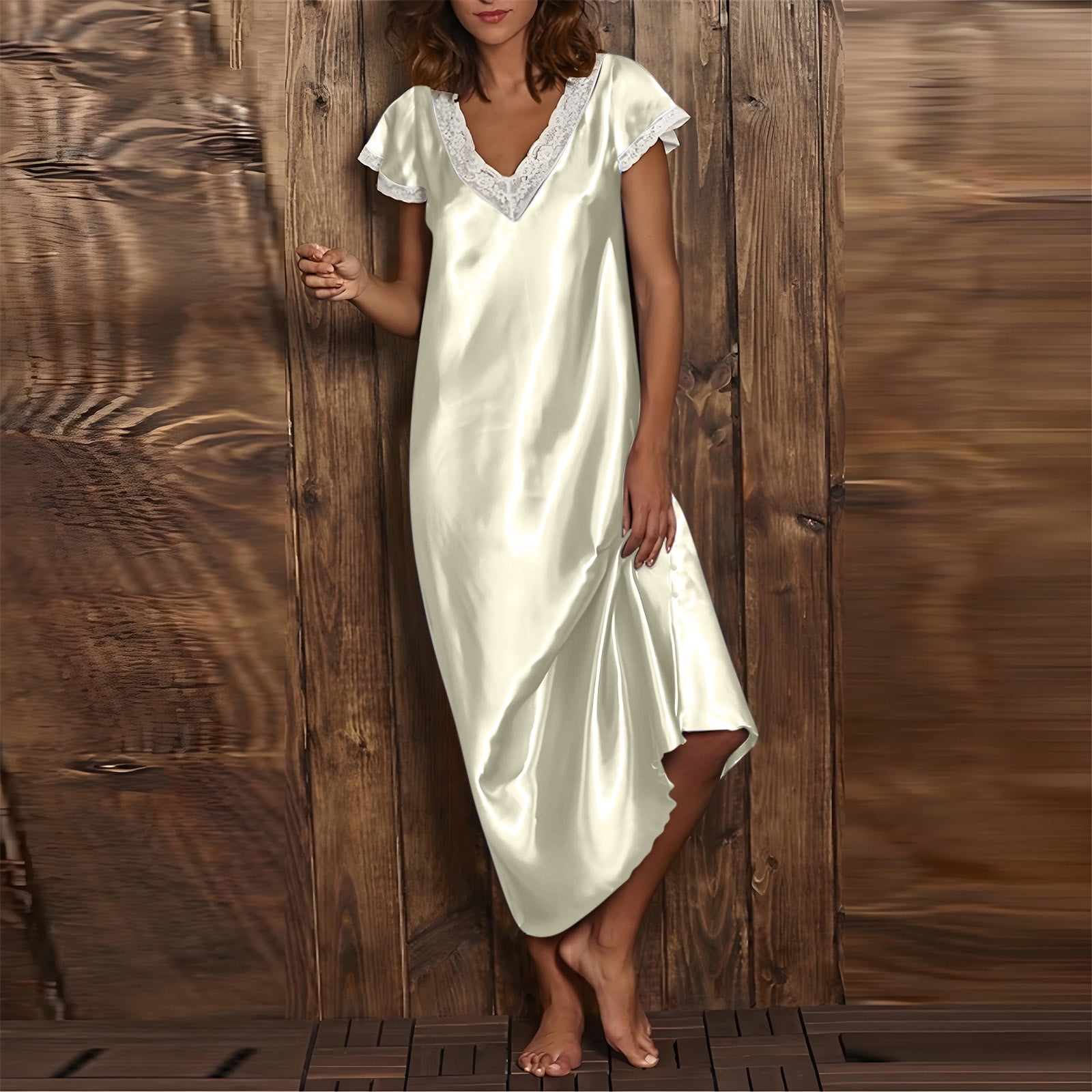 Elvqul Nightgowns for Women Satin Short Sleeve Solid Sleepwear V-Neck ...