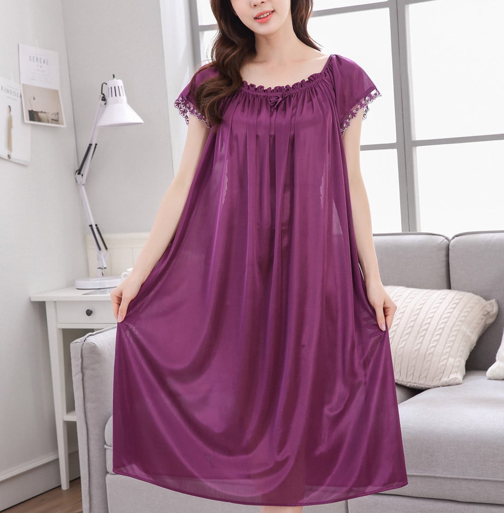 Elvqul Nightgowns for Women Silky Plus Size Plain Nightdress Purple ...