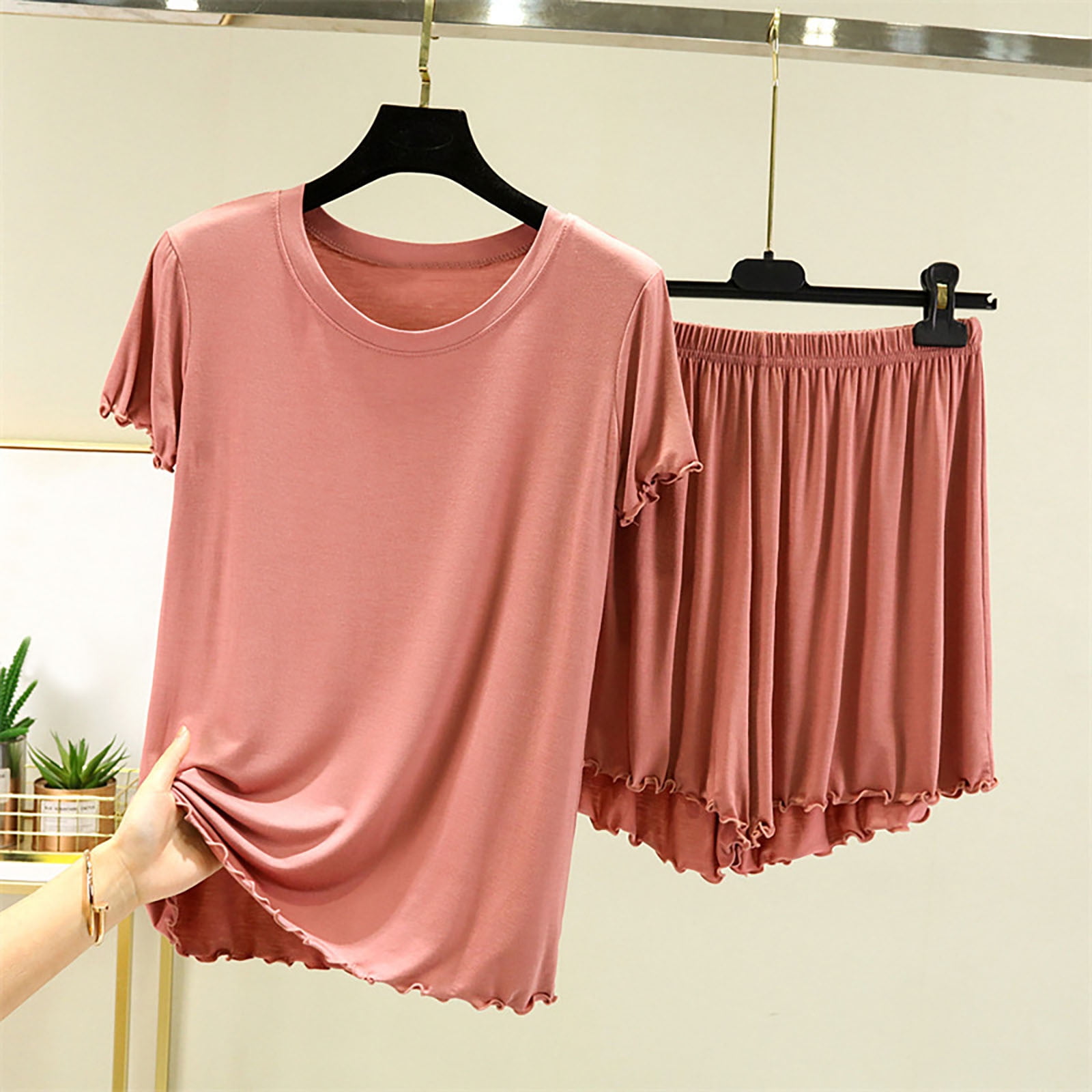 Elvqul Pajamas for Women Ruffled Pajamas Set Pink Summer Crew Neck ...