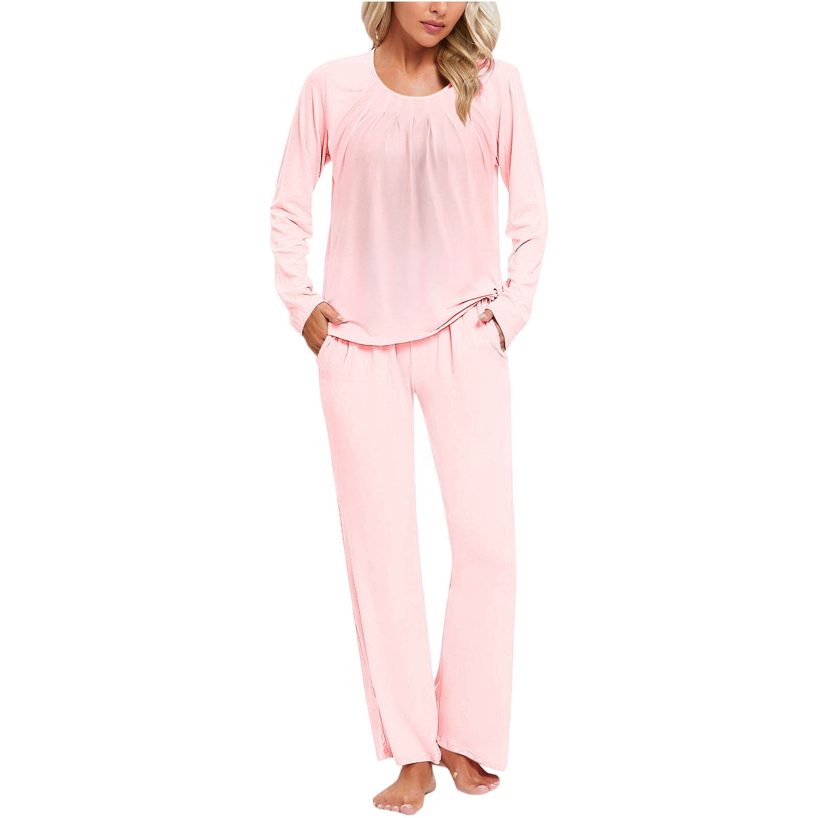 Elvqul Pajamas for Women pleated Pink Pajamas Set Long Sleeve Cozy ...