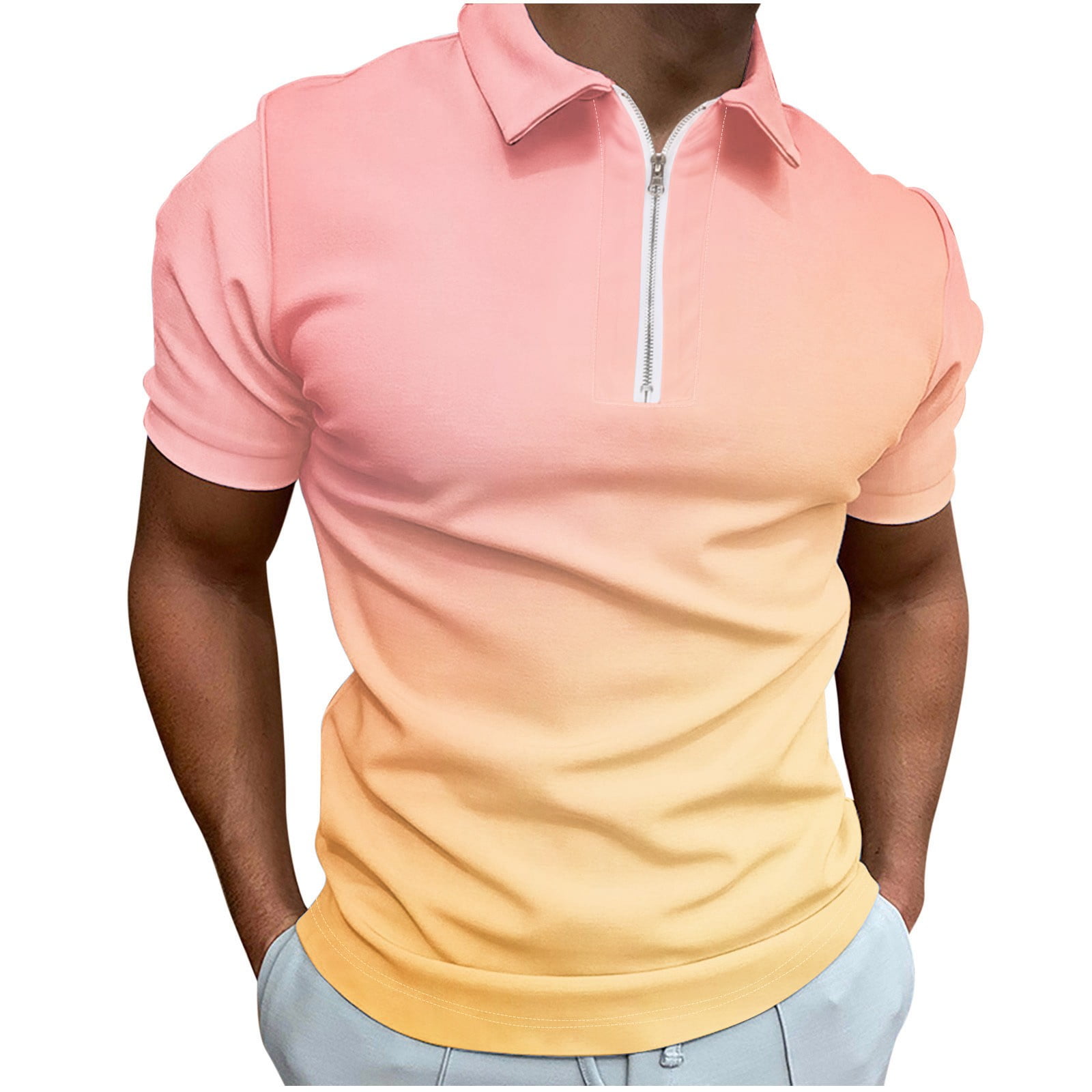 Elvqul Pink Shirts for Men Collared Casual Pull on Zipper Gradient ...