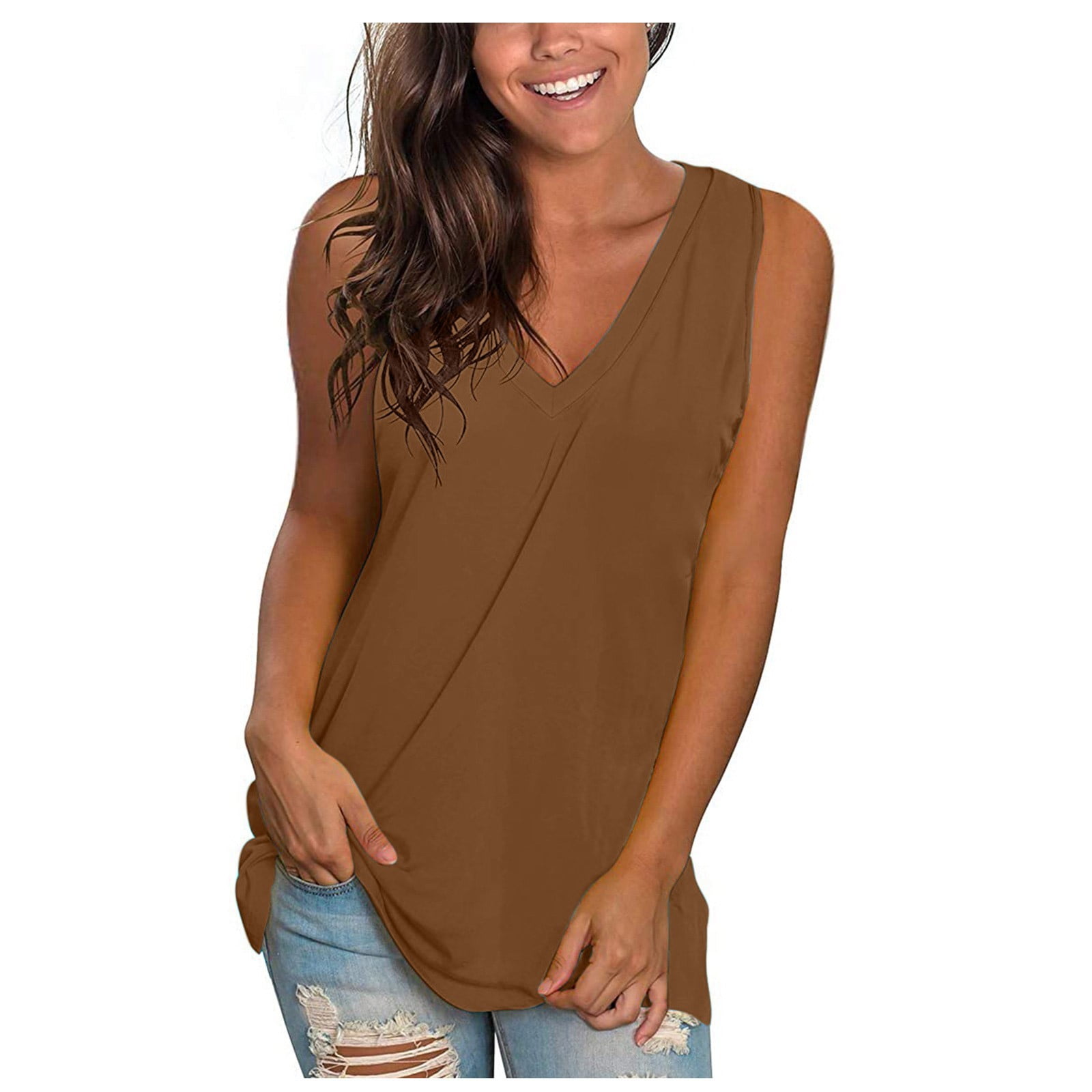Elvqul Plain Tank Tops for Women V-Neck Pullover Basic Plus Size Khaki ...