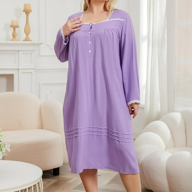 Elvqul Plus Size Nightgowns Women Comfy Cotton Solid Purple Nighty Soft ...