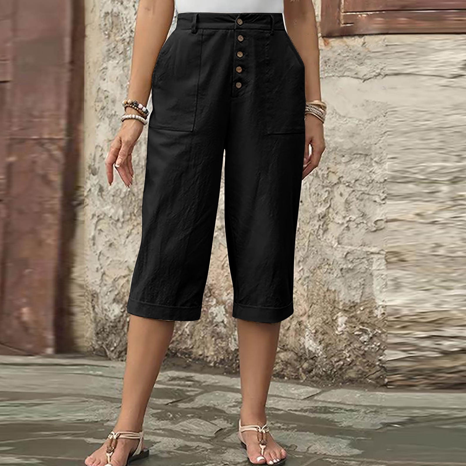 Elvqul Plus Size Pants for Women Summer Capri Pants Cotton 2026 Solid ...