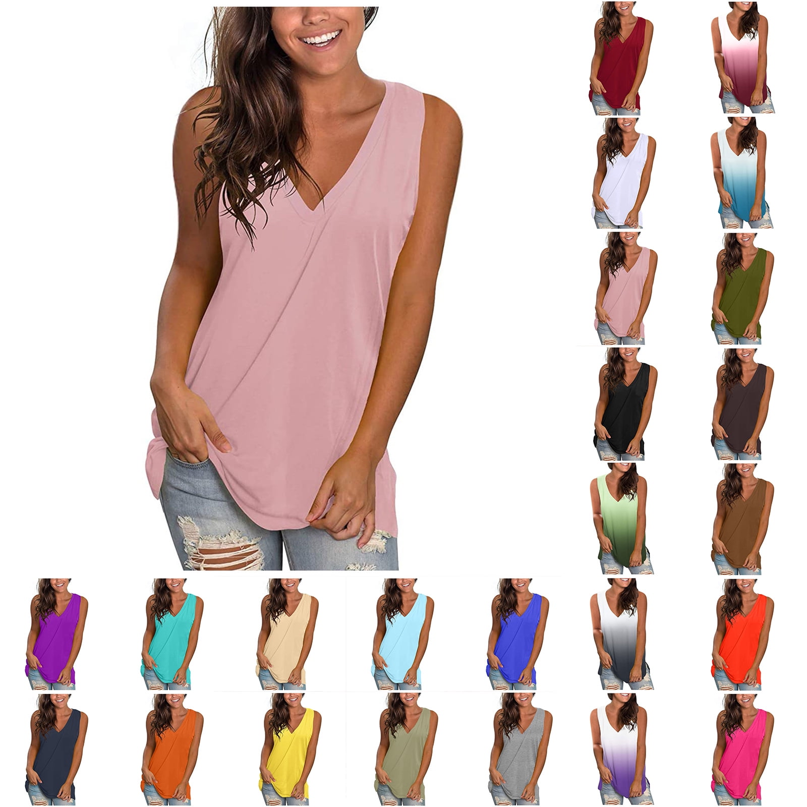 Elvqul Plus Size Tank Tops Women Sleeveless Comfy Pullover Solid Pink Juniors V-Neck Tops ...