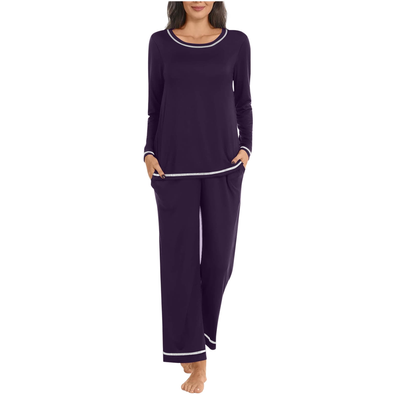 Elvqul Pull on Pajamas Set for Women Crew Neck Clearance Casual Purple ...