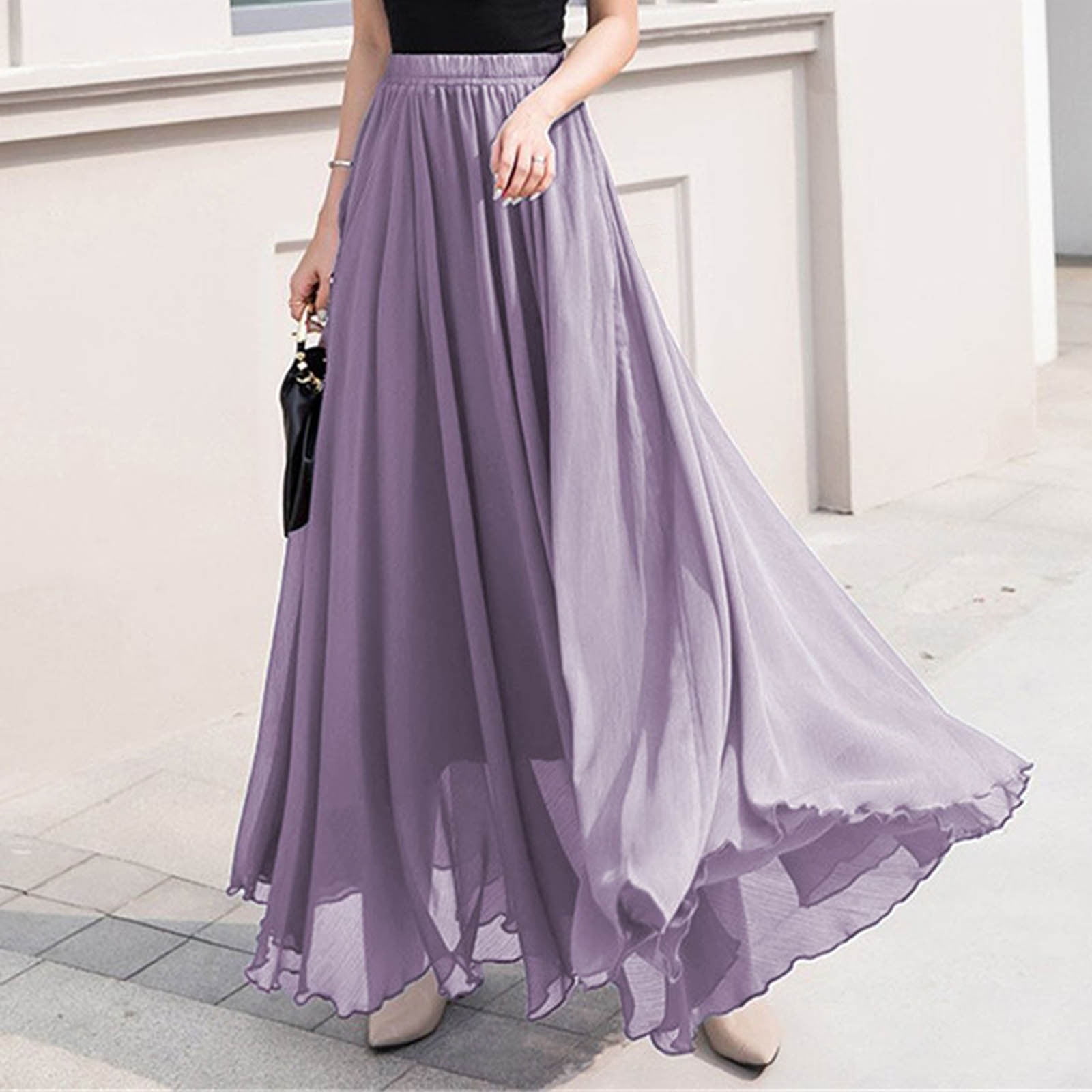 Elvqul Purple Skirts Women Multi-Layer Holiday Summer Elastic Long ...