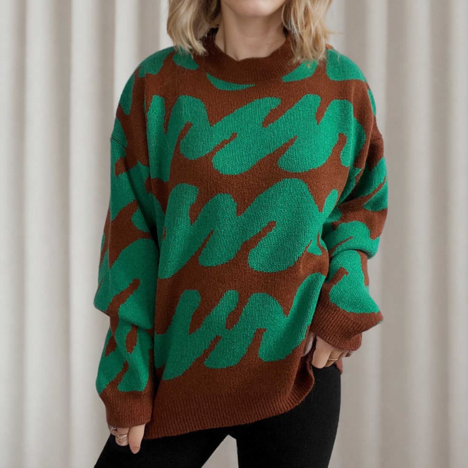 Elvqul Round Collar Sweaters for Women Print Green Pullover Long Sleeve ...