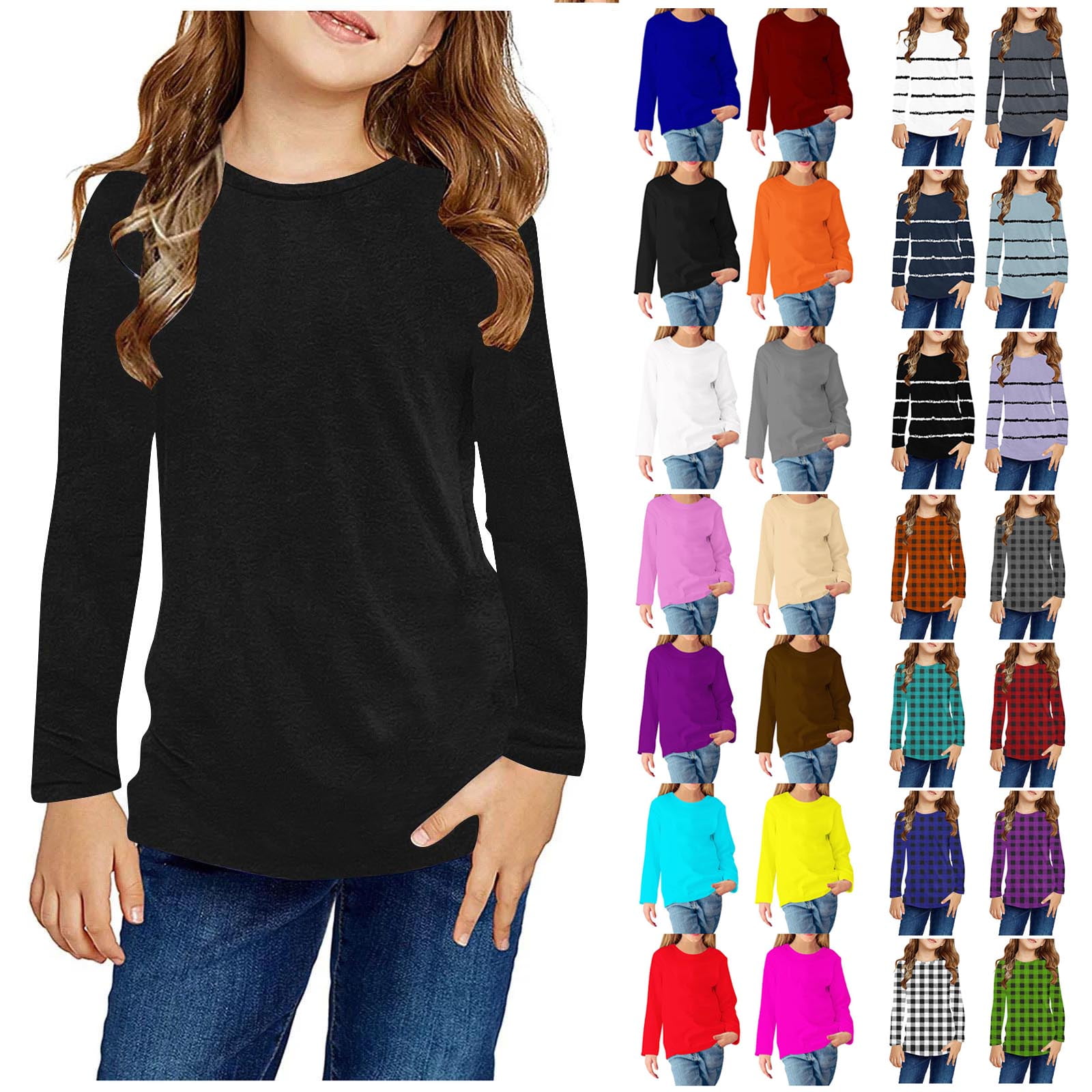 Elvqul Shirts for Girls Comfortable Round Neck Plain Long Sleeve Black ...