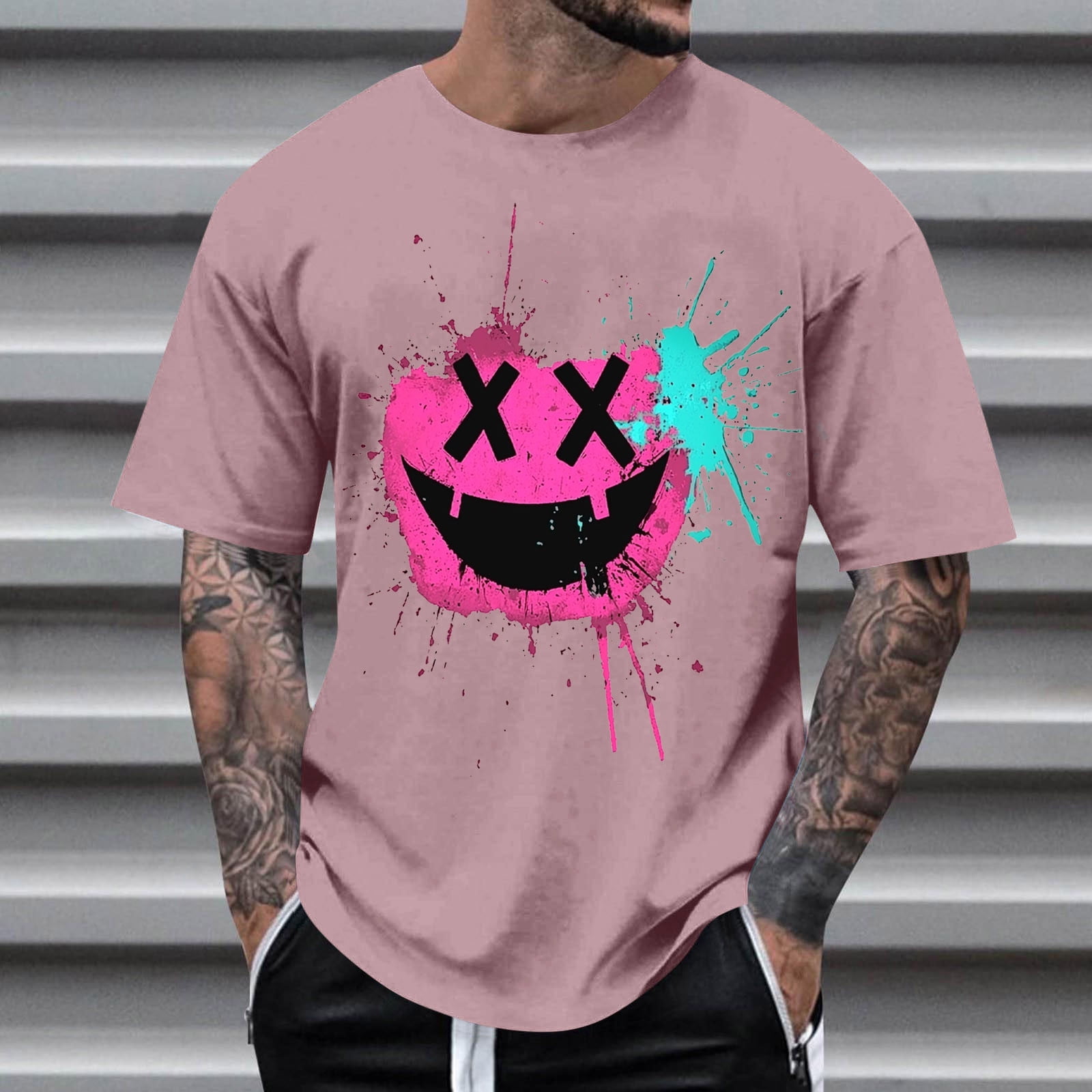 Elvqul Shirts for Men Fashion Pink Pullover Print Funny Short Sleeve ...
