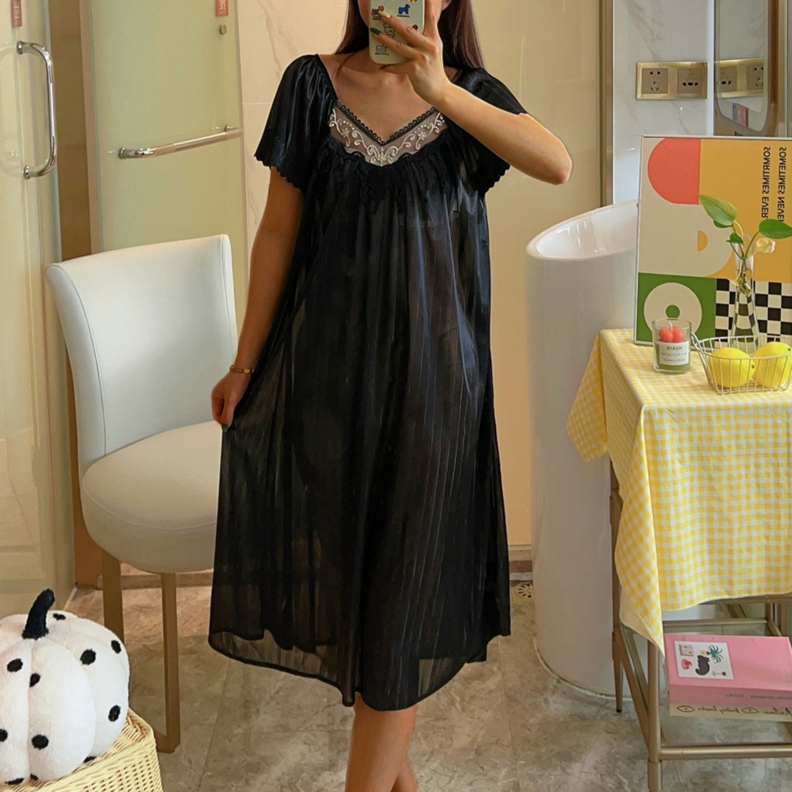 Elvqul Short Sleeve Nightgowns Women Silk Plus Size Comfortable ...