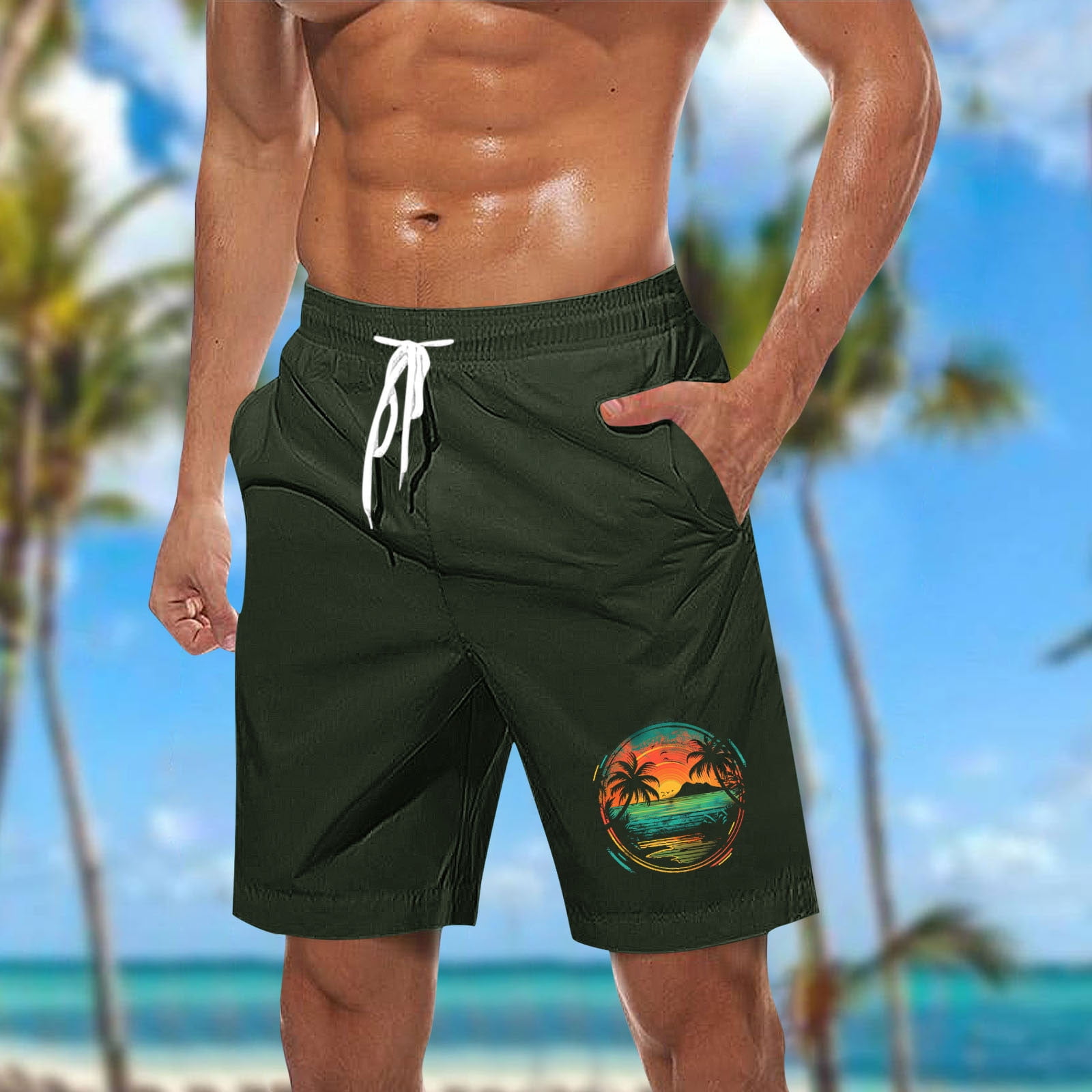 Elvqul Shorts for Men Elastic Waist Army Green Hawaiian Print Pull On ...