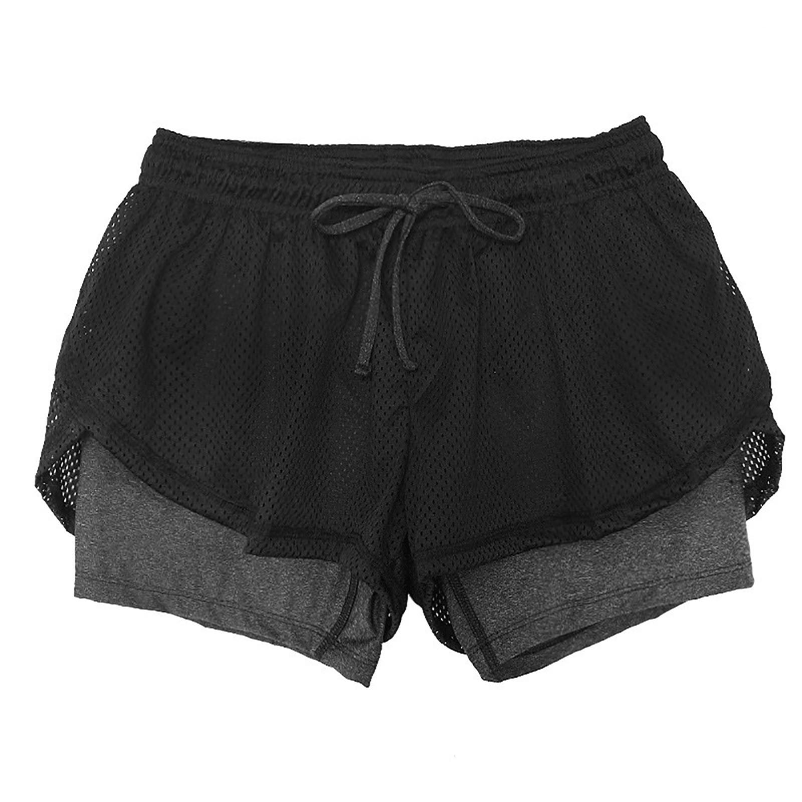 Elvqul Shorts for Women Yoga Casual Mesh Double Layer Gray Shorts Plain ...