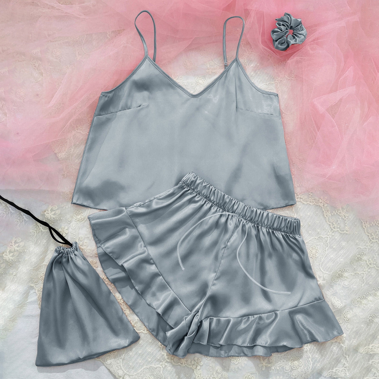 Elvqul Silky Pajamas for Women Soft Dark Gray Pajamas Set Plus Size ...