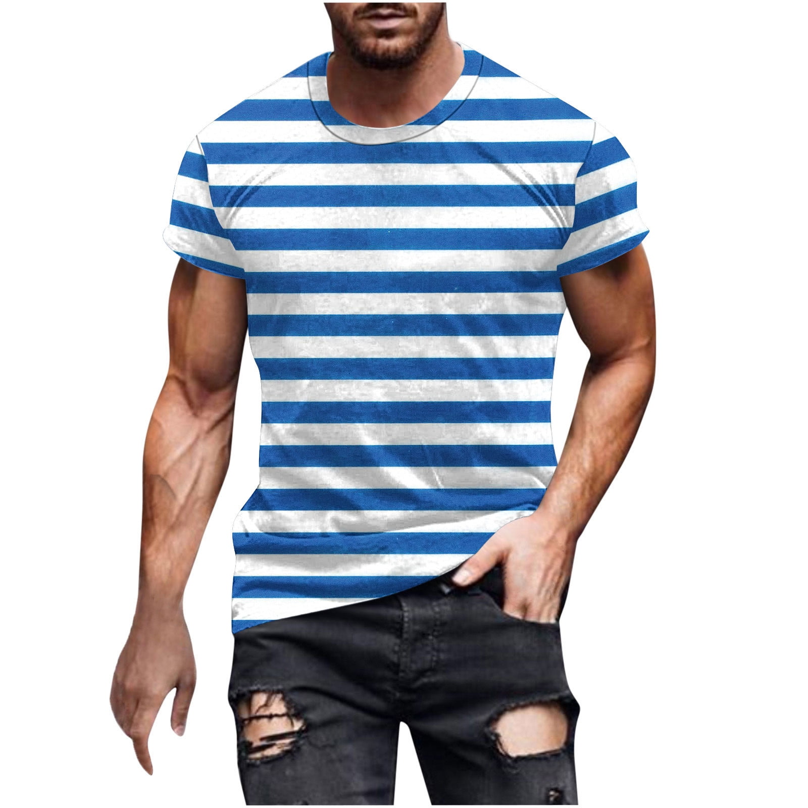Vetsdori Striped Shirts for Men Slim Fit Gym Pull-On Short Sleeve Blue ...