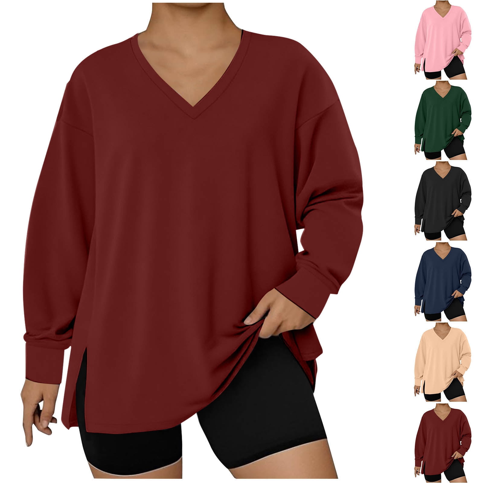 Elvqul Sweatshirts for Women Oversized Pullover V Neck Plus Size Wine ...