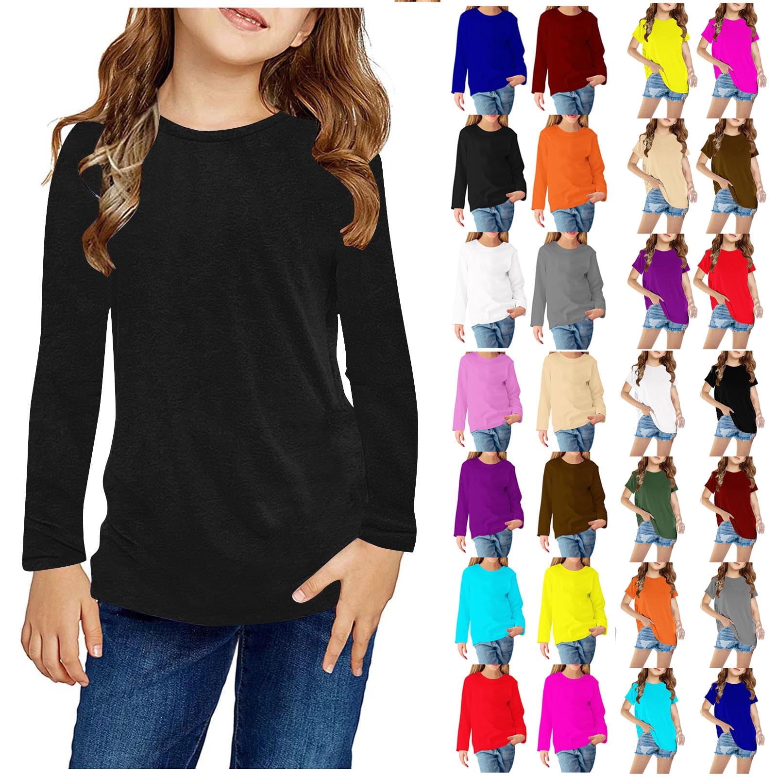 Elvqul T-shirts for Girls Crew Neck Dressy Casual Black Long Sleeve ...
