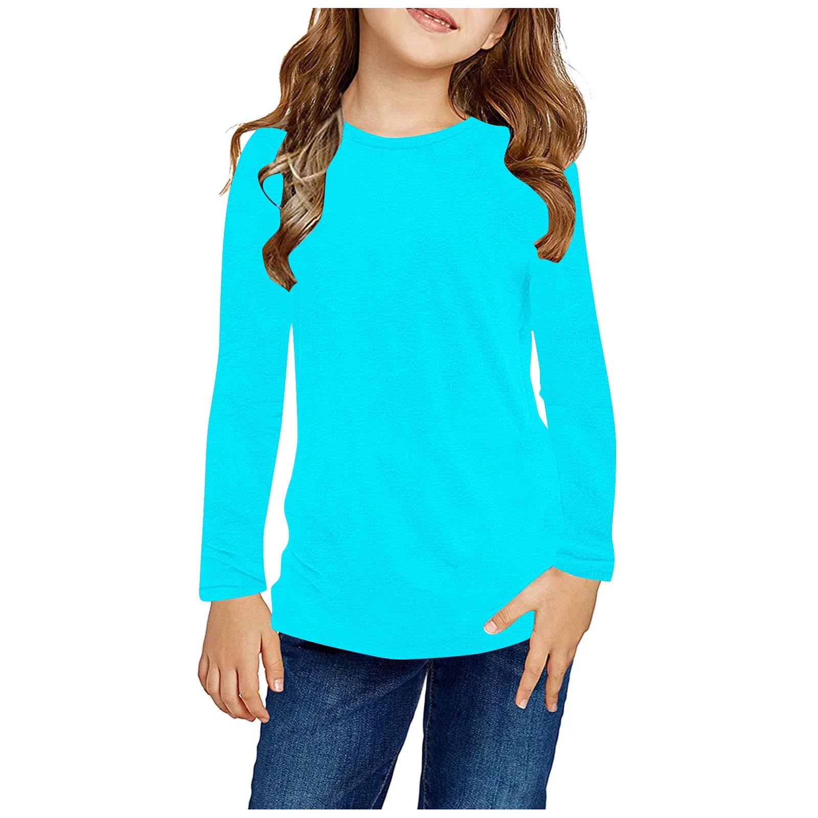 Elvqul T-shirts for Girls Crew Neck Sky Blue Long Sleeve Plain Kids Children Girls Tops ...