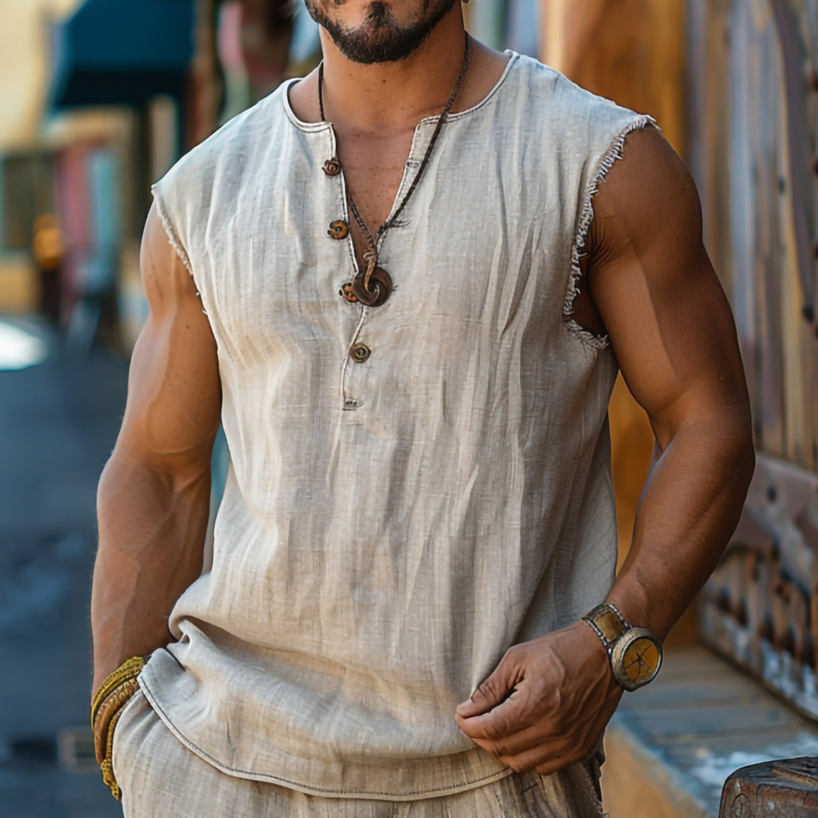 Elvqul Tank Tops for Men Button up Khaki Shirts Summer Sleeveless ...