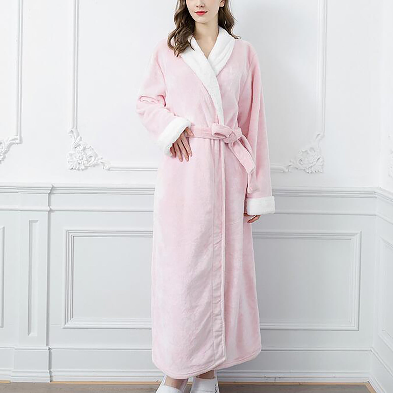 Elvqul Thick Robes Plain Pink Sleepwear Comfy Unisex Long Length Womens ...