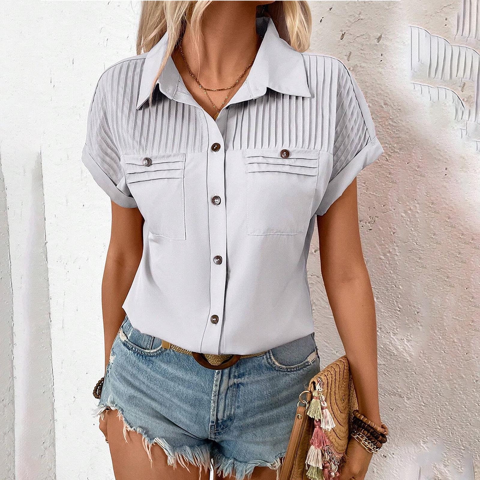 Elvqul Tops for Women Off The Shoulder Blouses Solid Trendy Button up ...