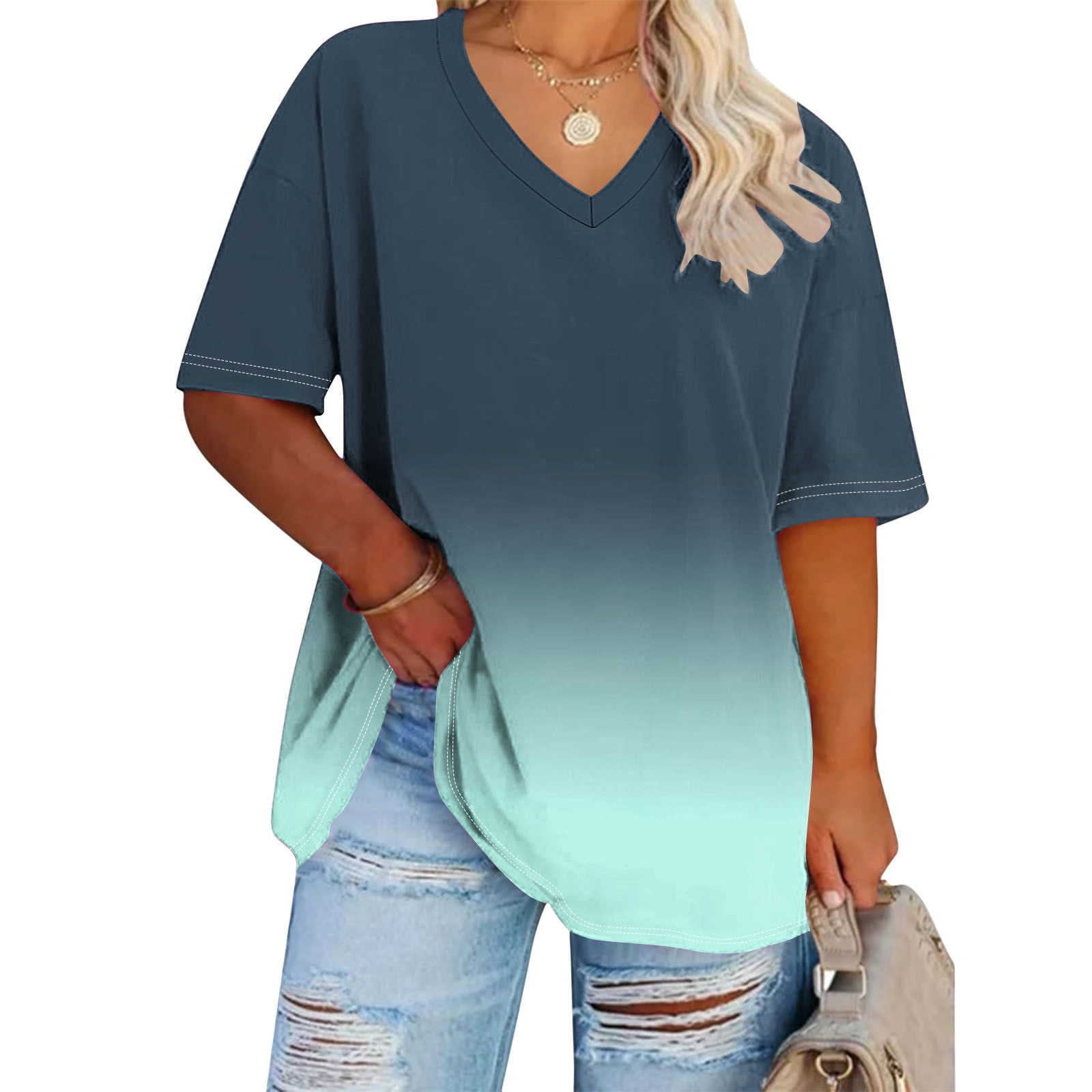 Elvqul Tops for Women Short Sleeve Army Green V-Neck T-Shirt for Women ...