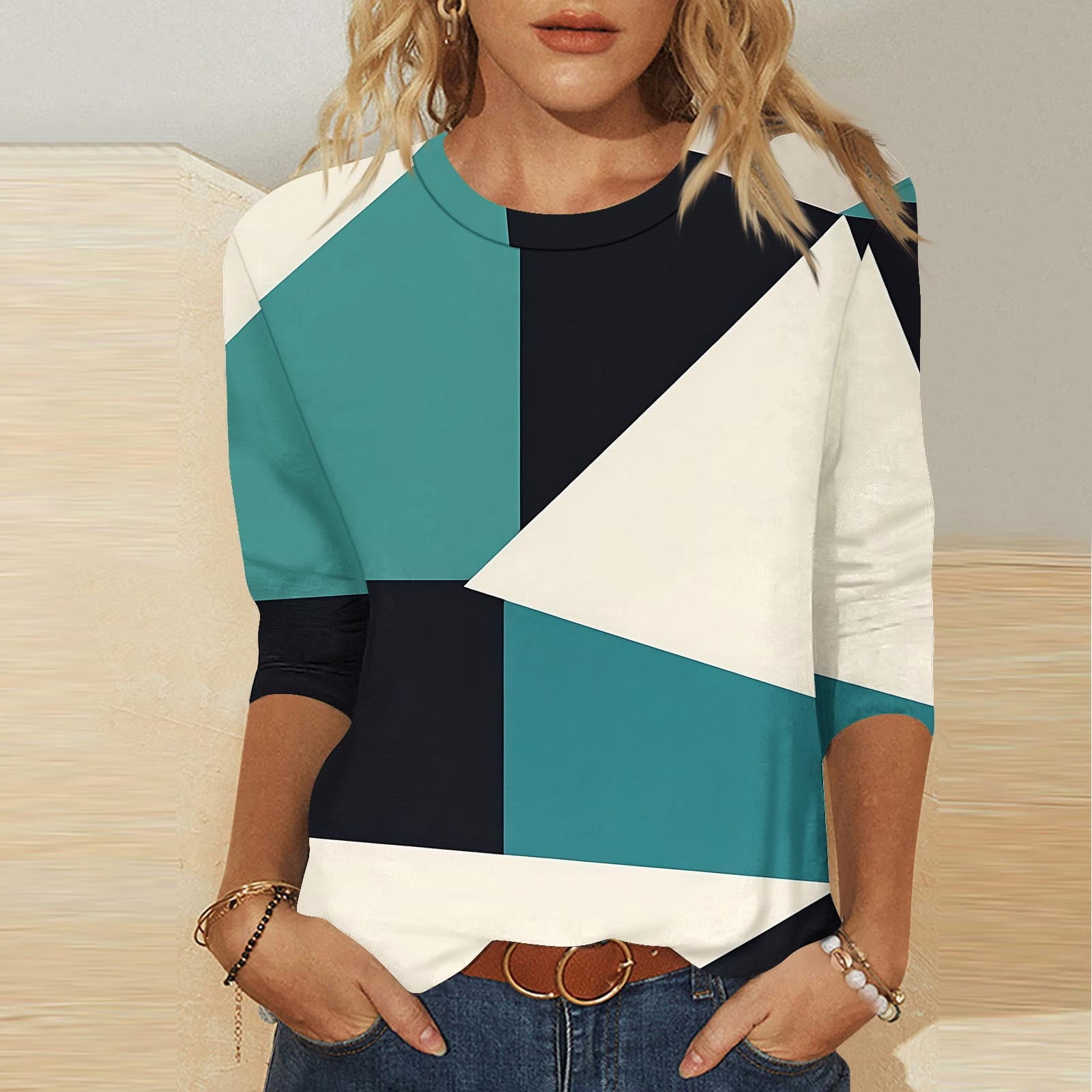 Elvqul Tshirts Women Crew Neck 3/4 Sleeve Patchwork Block Tops Soft ...